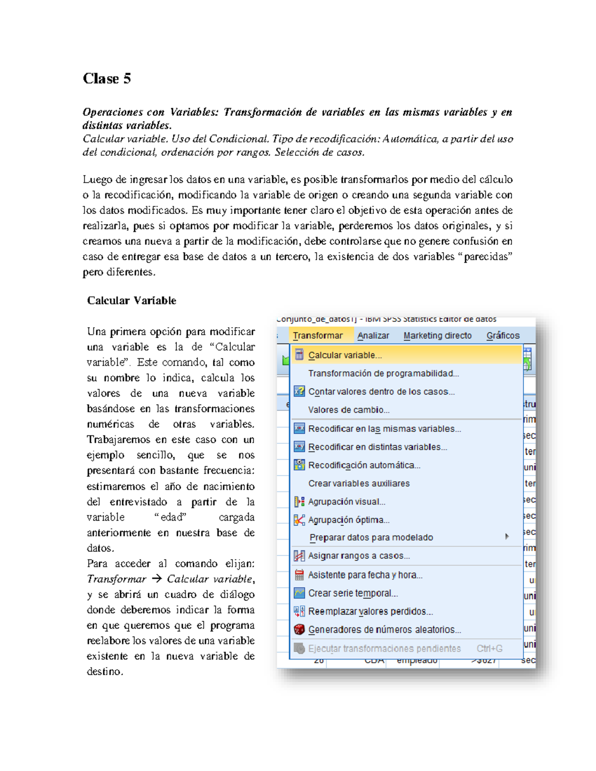 Clase 5: Transformación y Recodificación de Variables en Informática ...