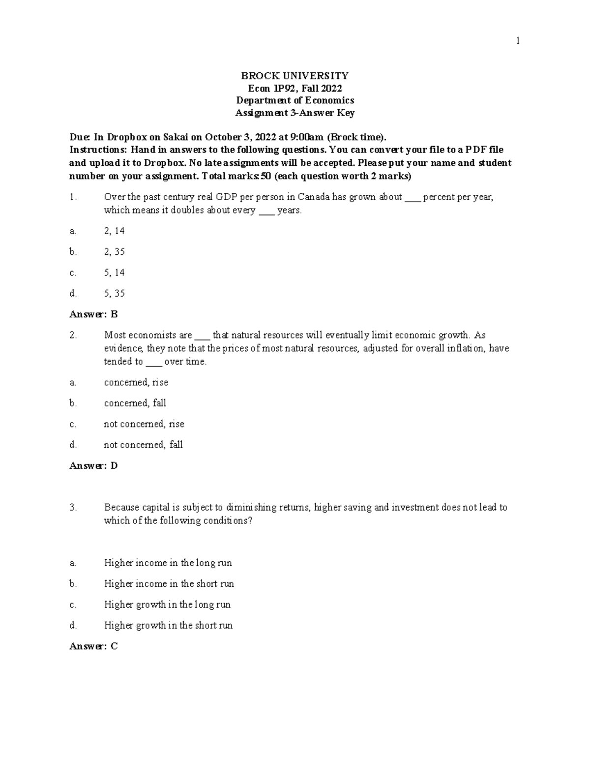 Econ 1P92 Assignment 3 Answer Key - Fall 2022 - Studocu