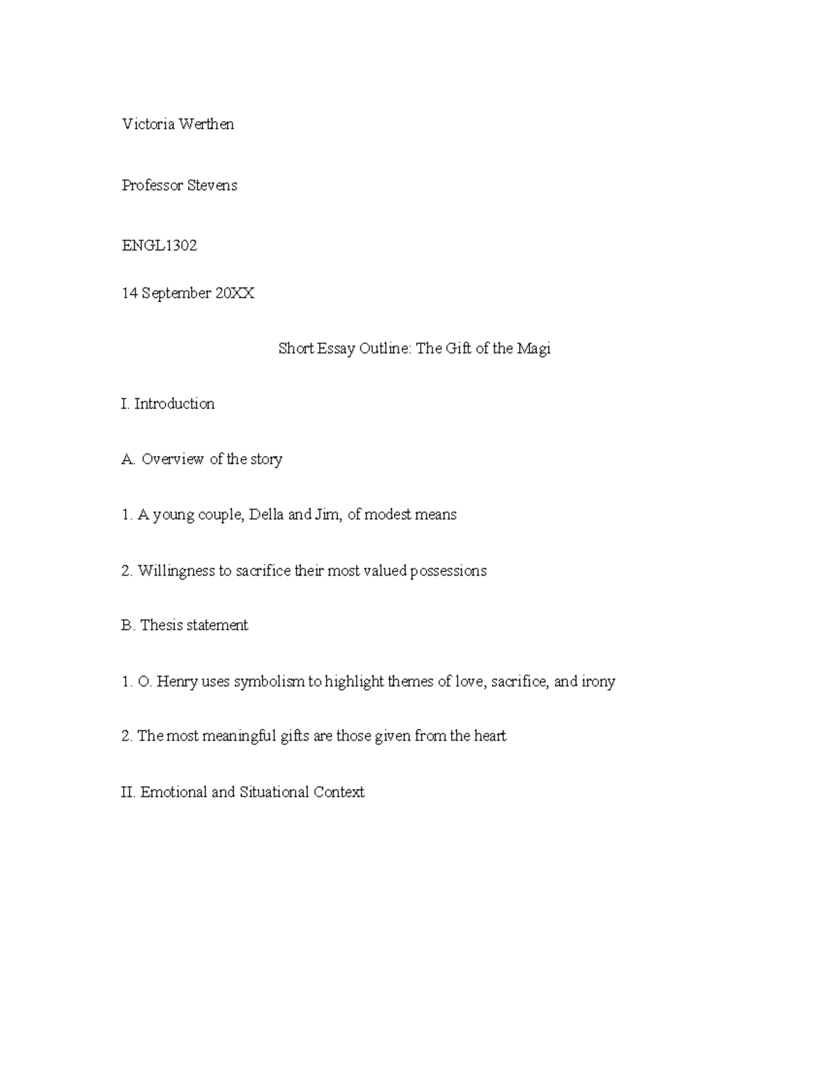 ENGL1302 Short Essay Outline: The Gift of the Magi - Studocu