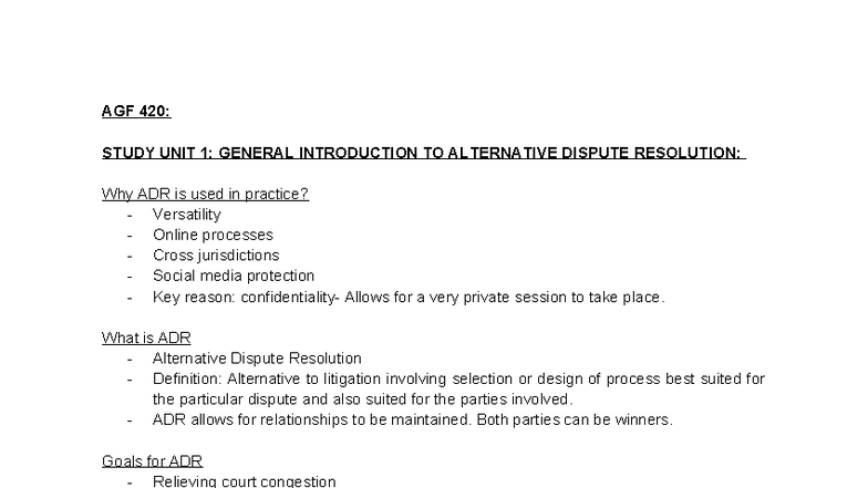 AGF 420: Study Unit 1-3 Notes on Alternative Dispute Resolution - Studocu