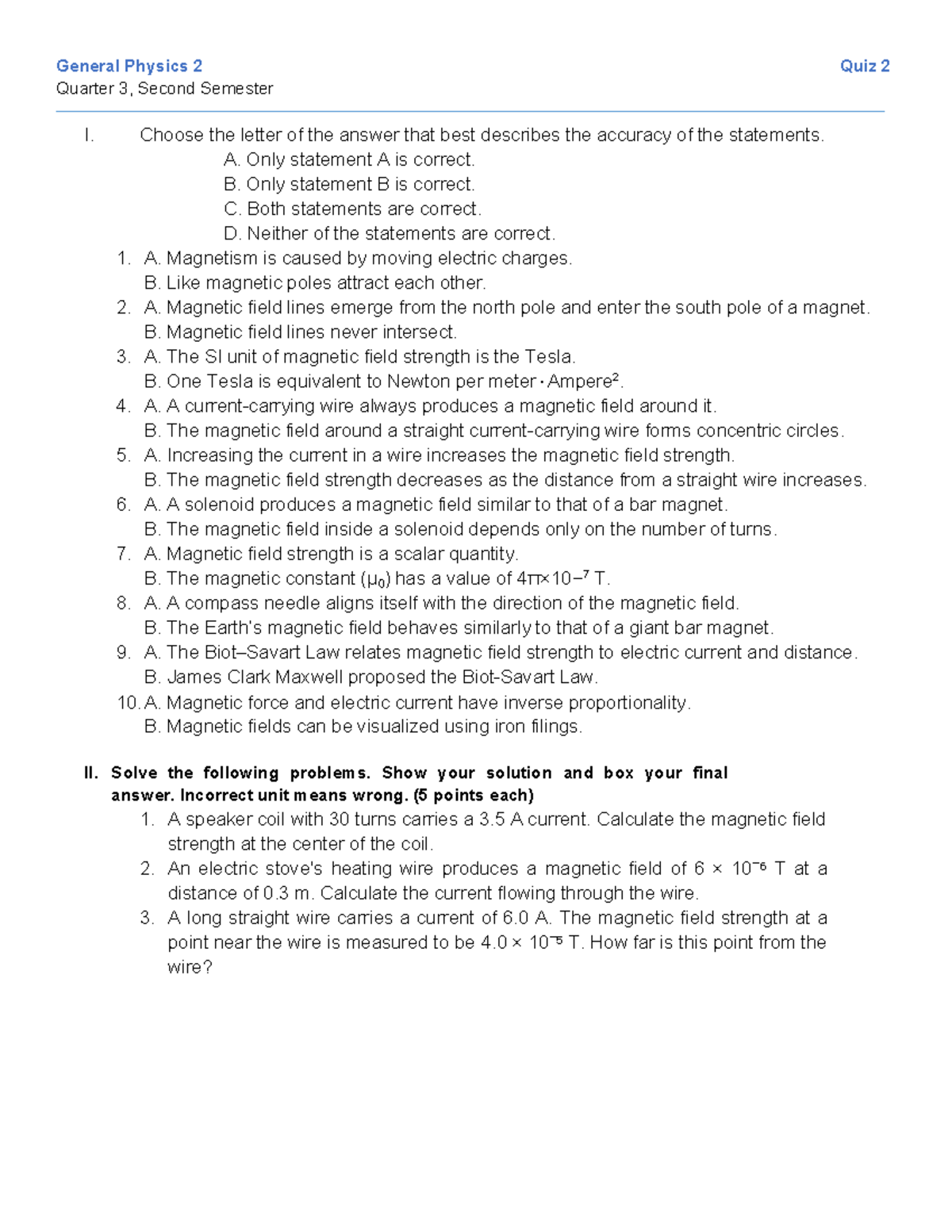 Gen Phys 2 Q3 Second Sem Quiz 2: Magnetism Concepts & Problems - Studocu