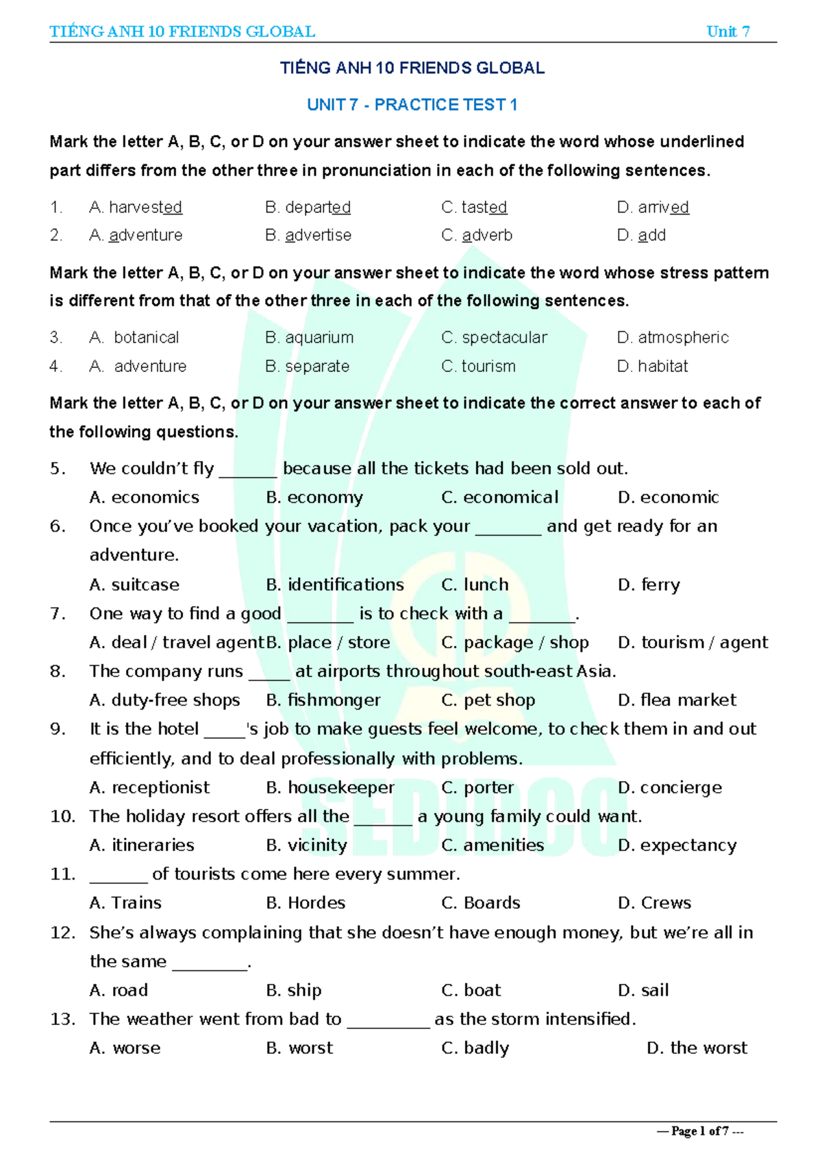 TIẾNG ANH 10 FRIENDS GLOBAL Unit 7 PRACTICE TEST 1 - Studocu