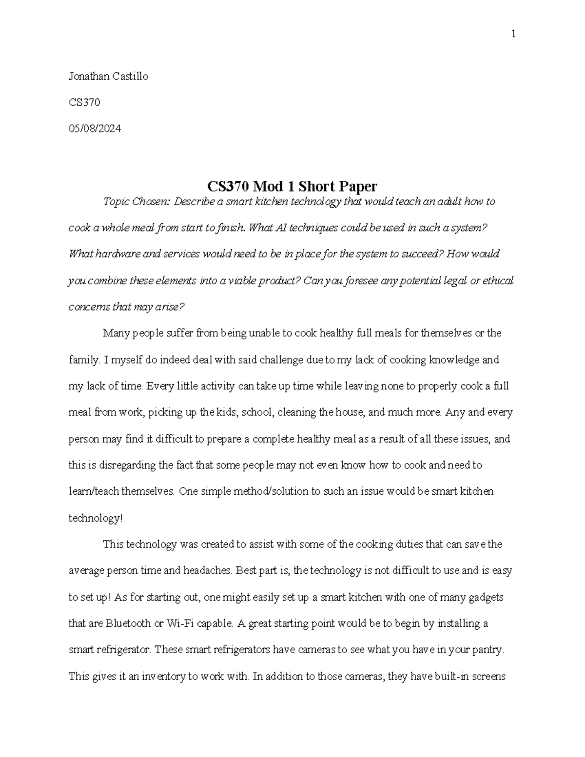 assignment 1 for cs regarding an assignment - 1 Jonathan Castillo CS 05 ...