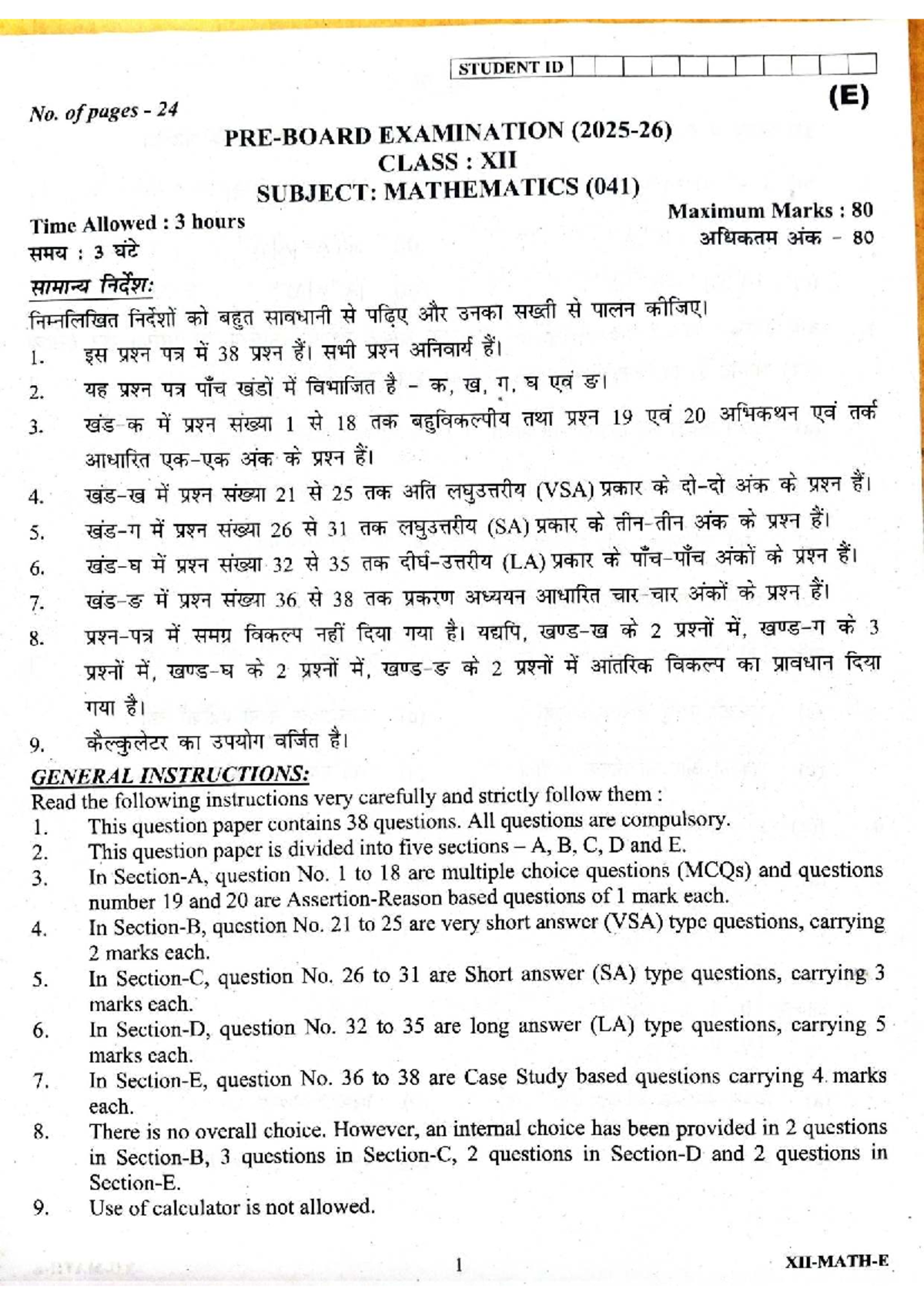 Mathematics Class XII Pre-Board Examination (041) Question Paper - Studocu