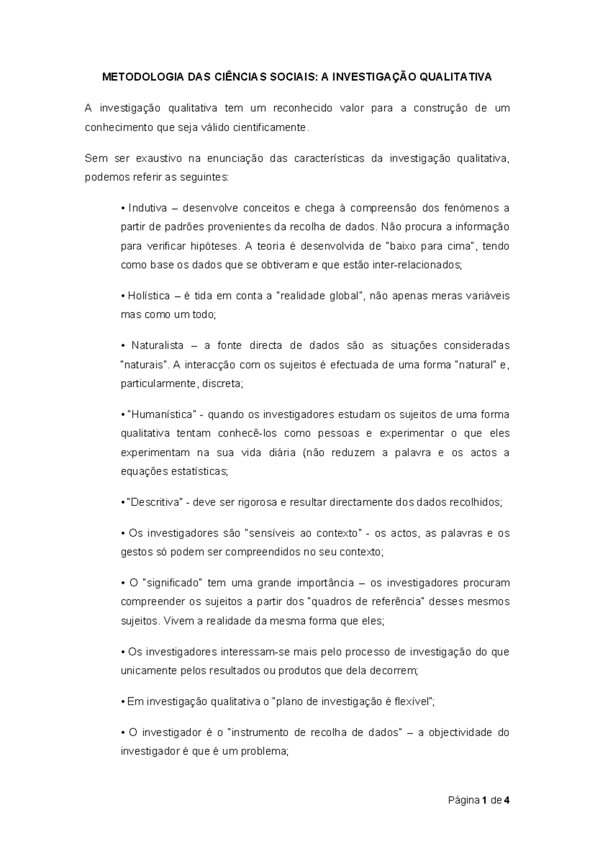 Metodologia das Ciências Sociais: Investigação Qualitativa (MCS101 ...