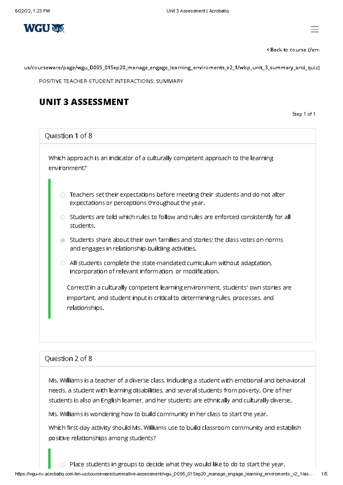 D095 Unit 3 Quiz: Positive Teacher-Student Interactions Study Guide ...