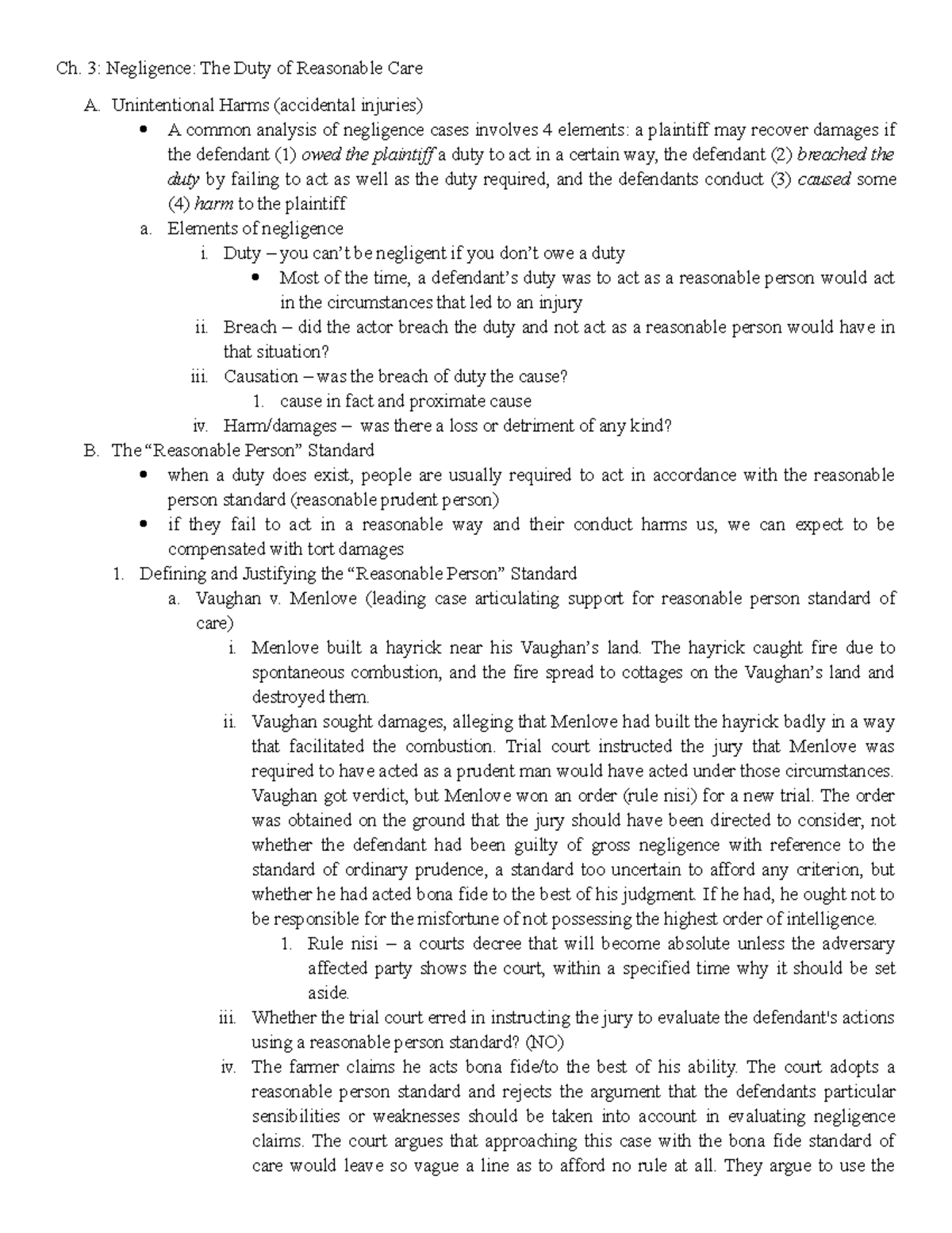 Outline of Tort Law (Negligence) - Ch. 3: Duty of Care Principles - Studocu
