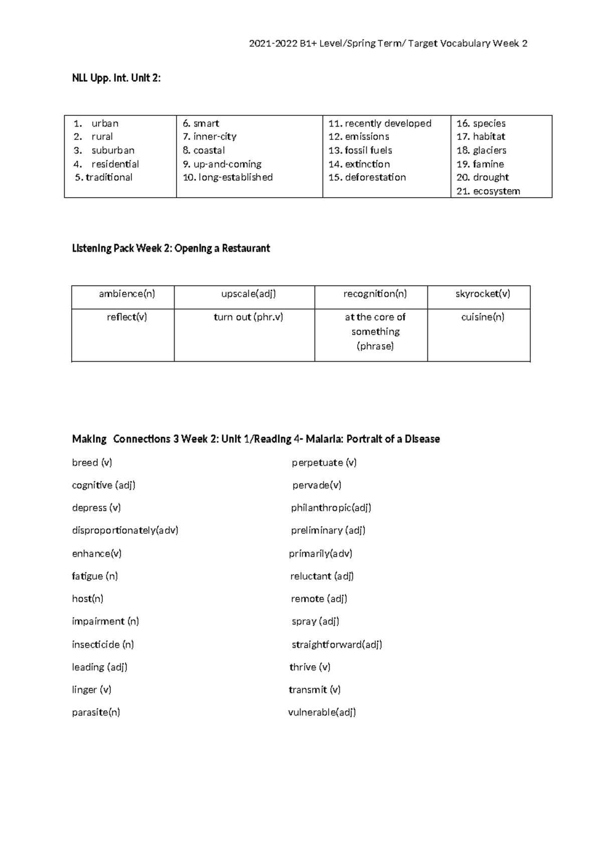 Week 2-Target Vocabulary List-2 - 2021-2022 B1+ Level/Spring Term ...