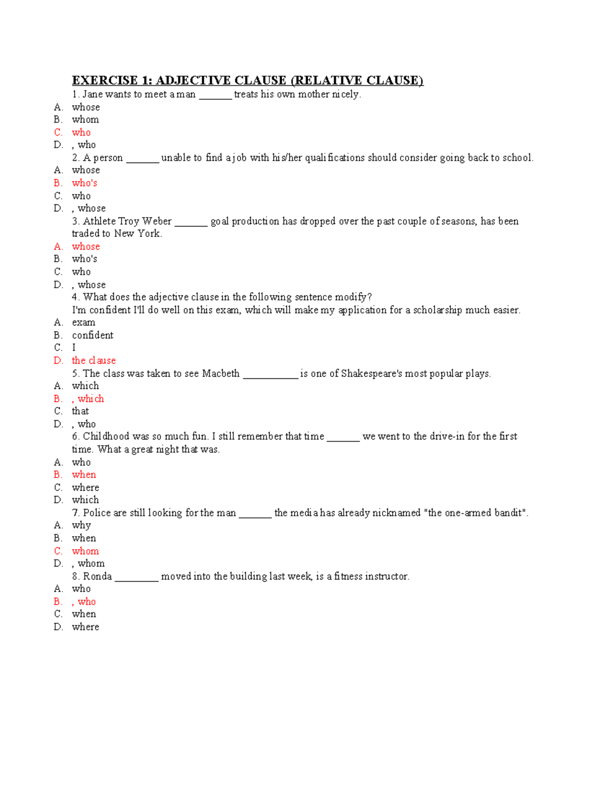 Exercise 1: Adjective Clauses (Relative Clauses) - ENG 101 - Studocu