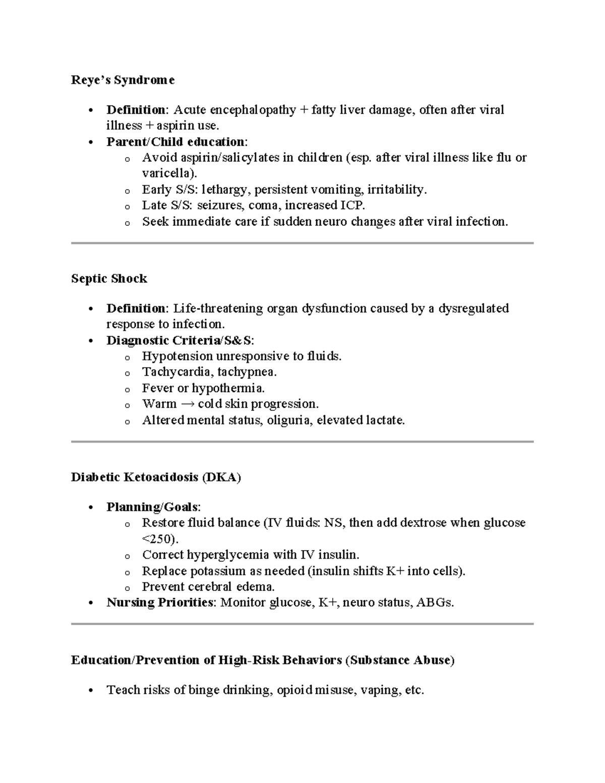 Nursing Notes: Reye's Syndrome, Septic Shock, DKA & Discharge Teaching ...