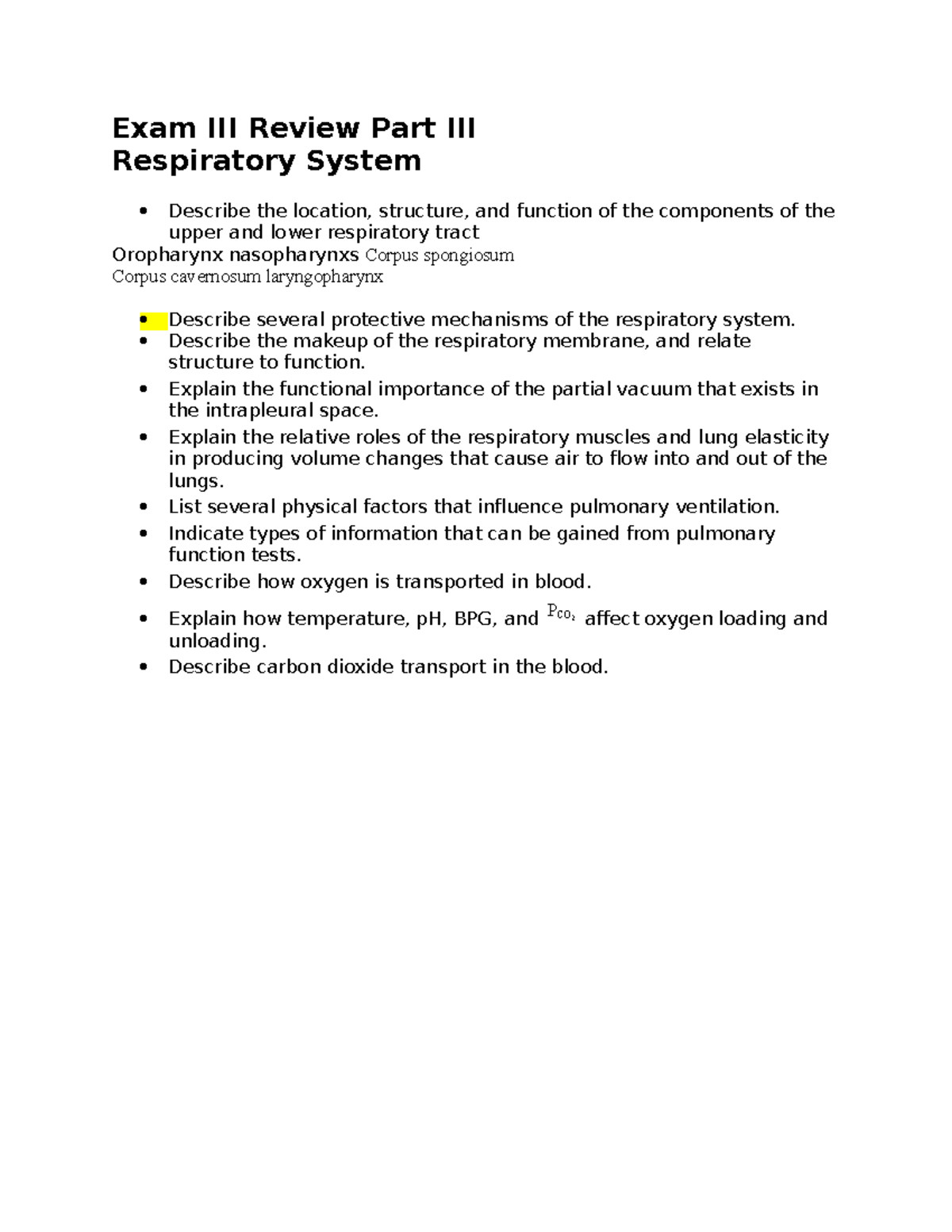 Exam III Review Respiratory System - Exam III Review Part III ...