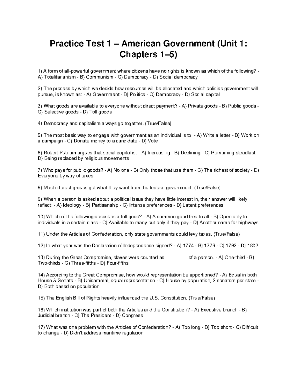 Practice Test 1 – American Government (Unit 1: Chapters 1–5) - Studocu