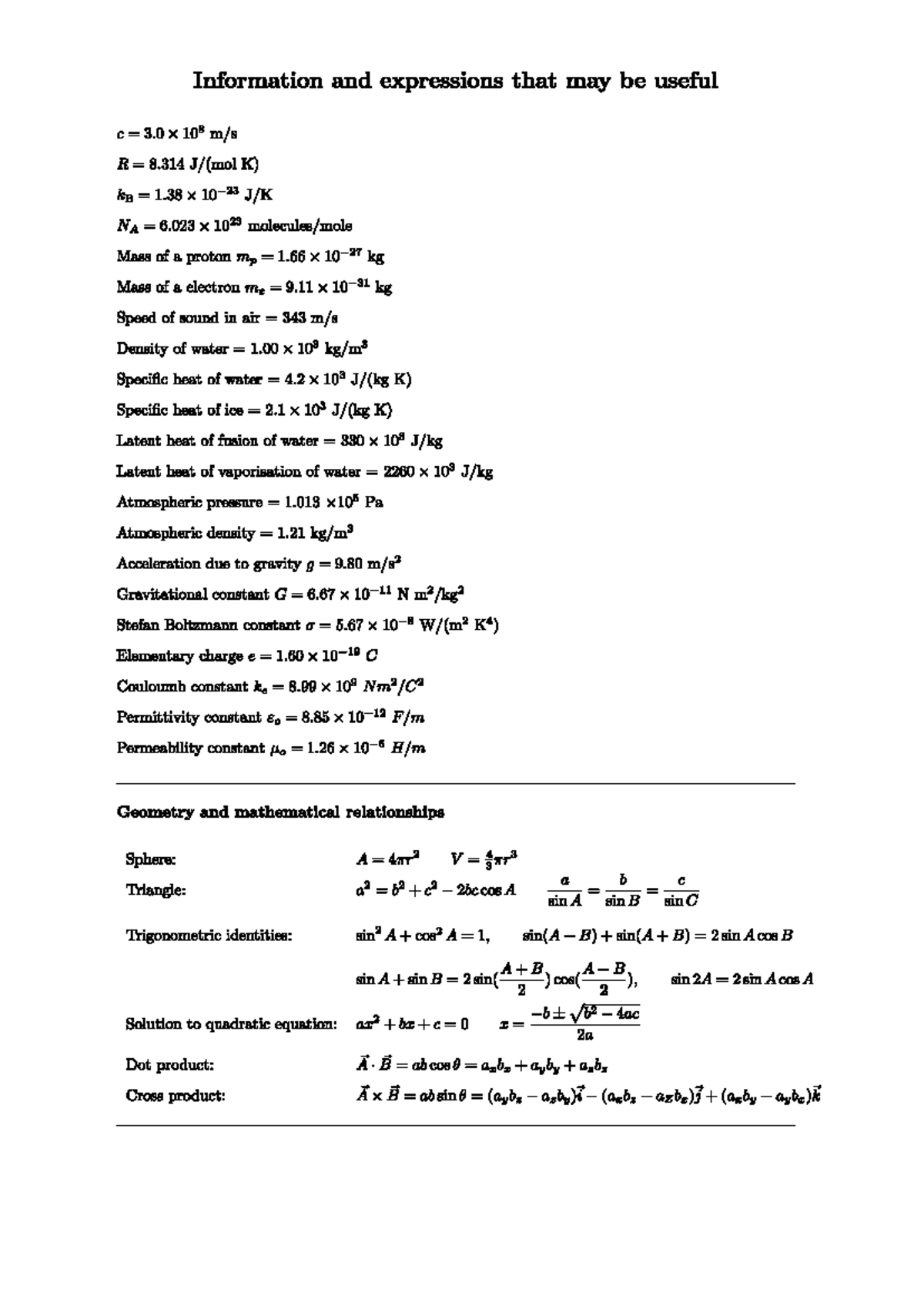 Formula Sheet PHYS101 Engineering Physics 1A - Engineering Physics A ...