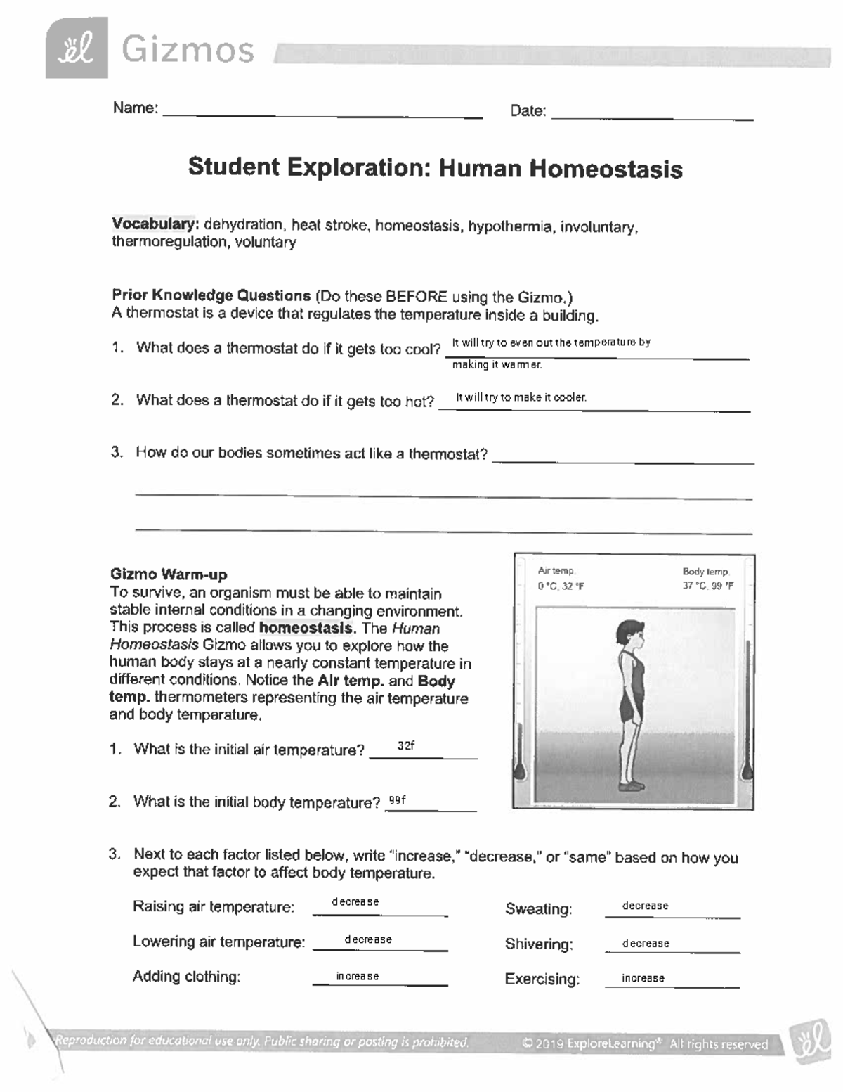 S - Homeostasis Gizmo Lab: Temperature Regulation Insights - Studocu