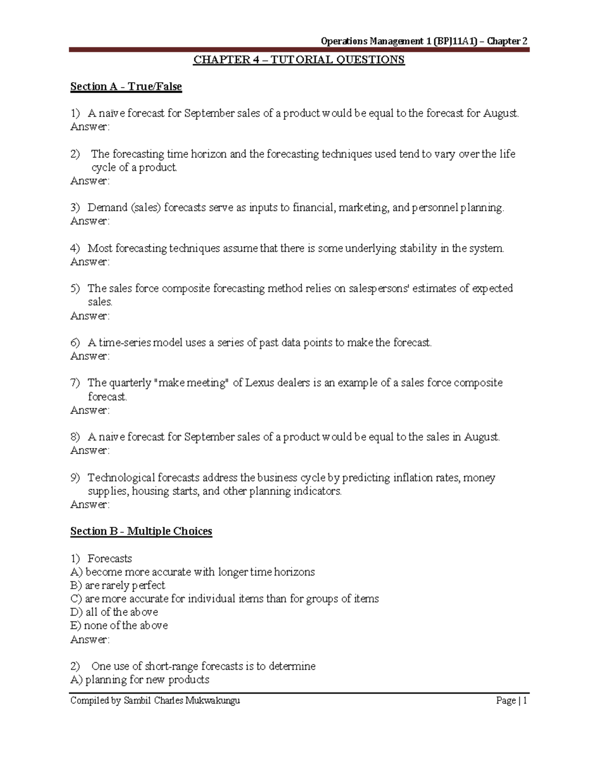 Chapter 4 - Tutorial Questions for Students (Forecasting Techniques) - Studocu