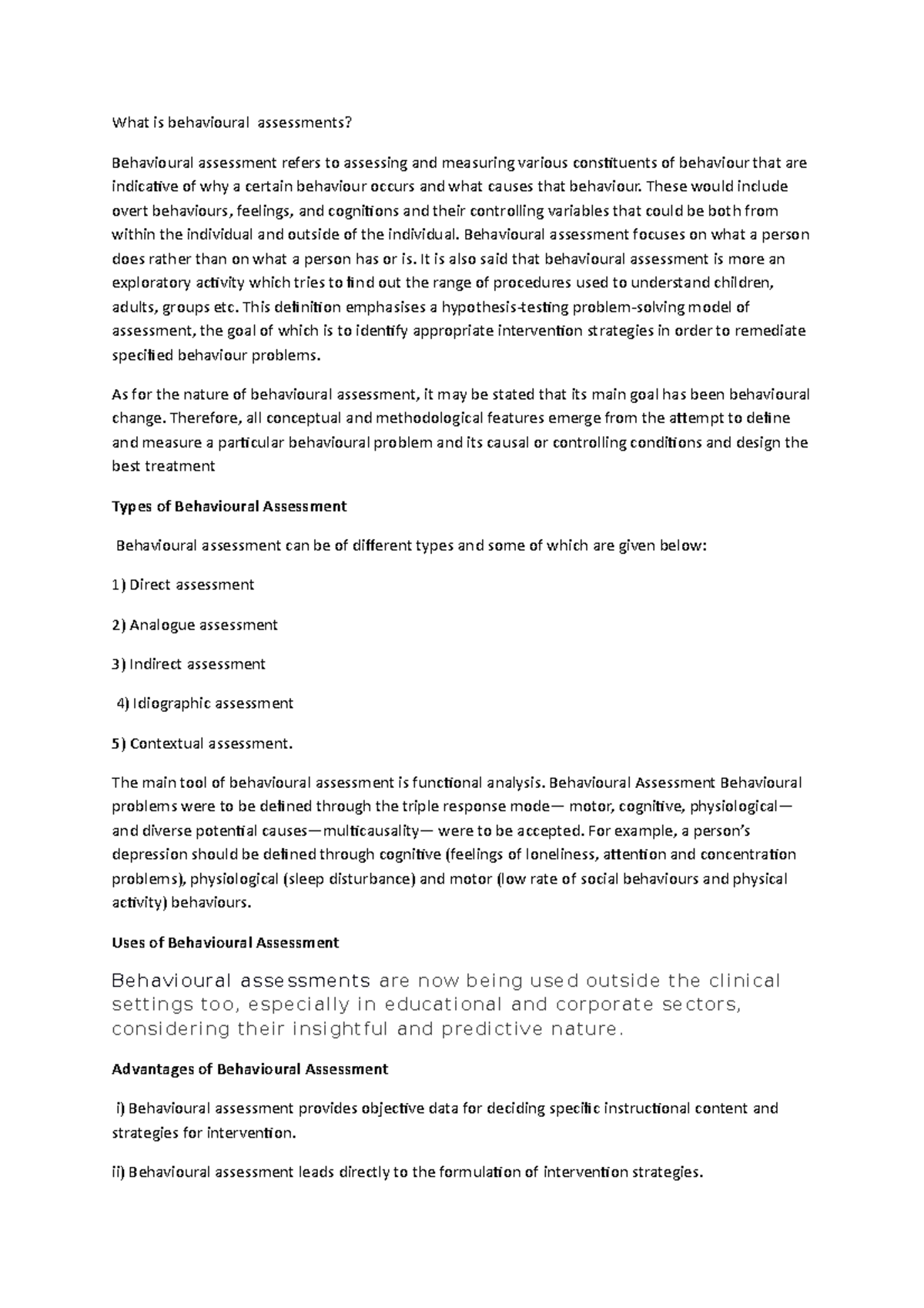 Behavioural Assessments: Types, Uses, Benefits & Limitations - Studocu