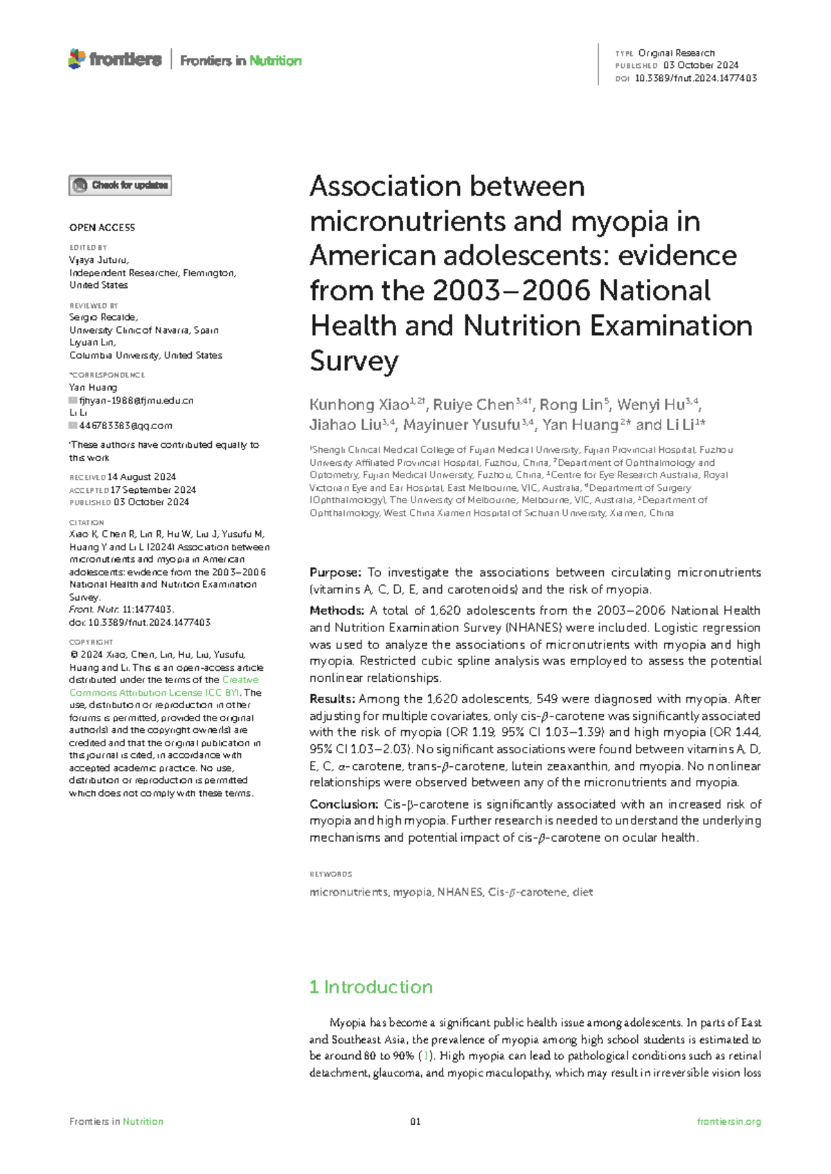 Association of Micronutrients with Myopia in US Adolescents: NHANES ...