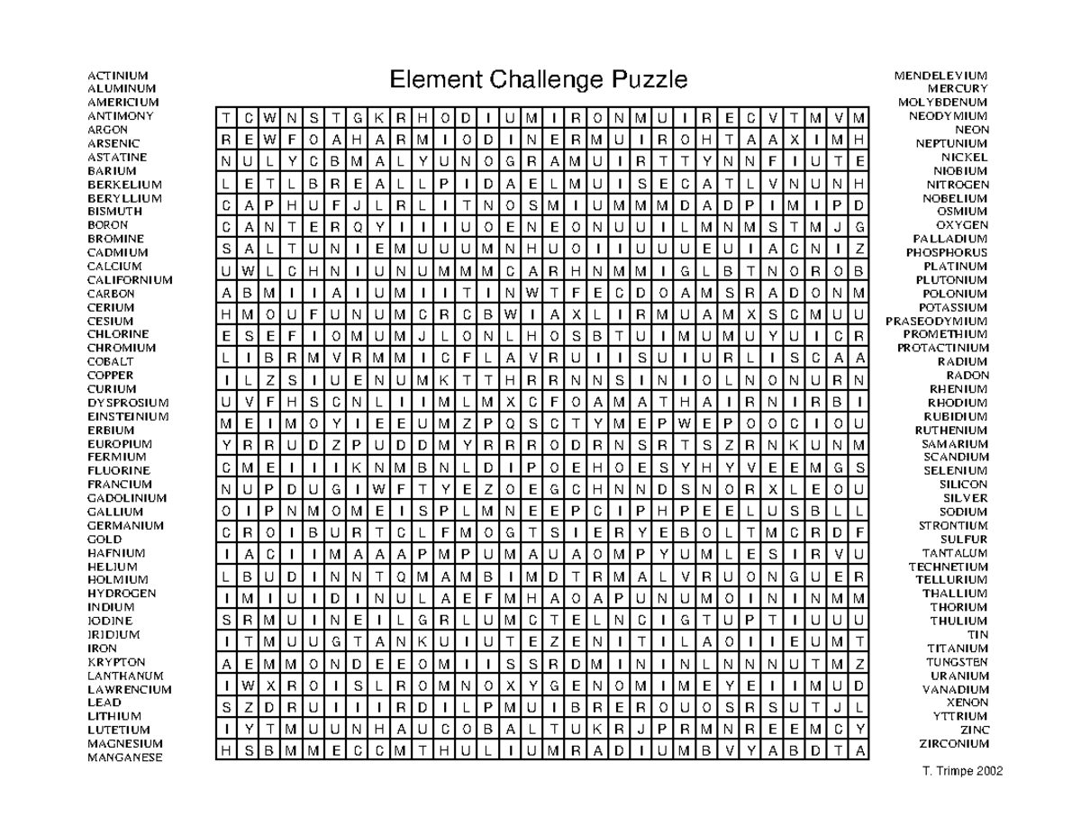 Element wordsearch worksheet 2 - T. Trimpe 2002 ACTINIUM ALUMINUM AMERICIUM ANTIMONY ARGON ...