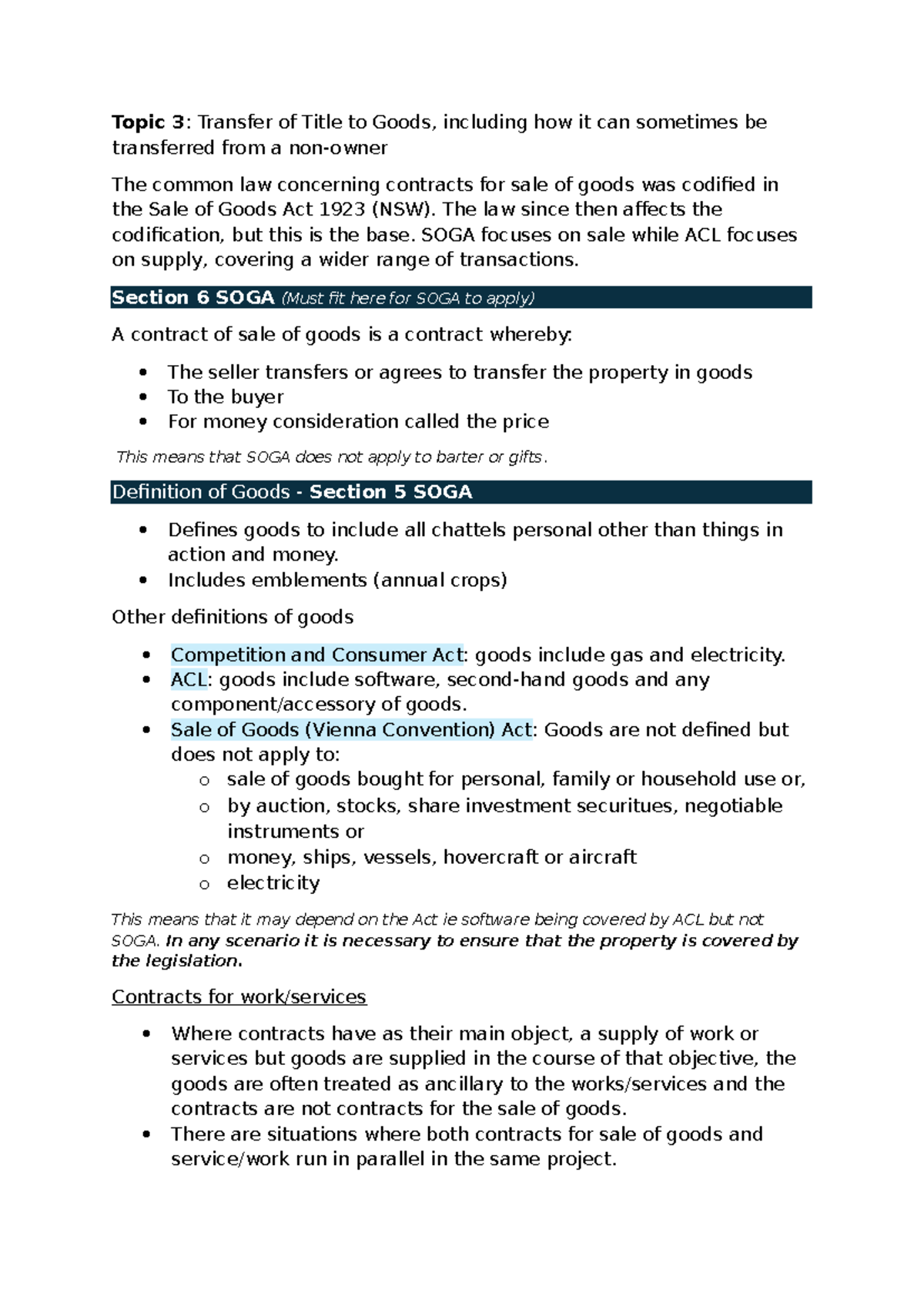 Transfer of Title to Goods: Key Concepts in SOGA & ACL (Module 3) - Studocu