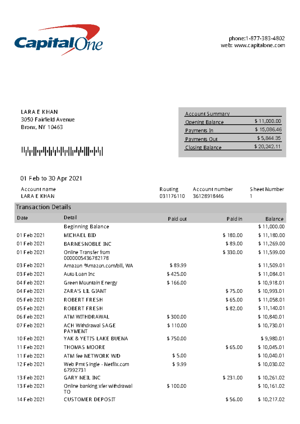 Capital ONE Statement 211043021 - web: capitalone LARA E KHAN 3050 ...