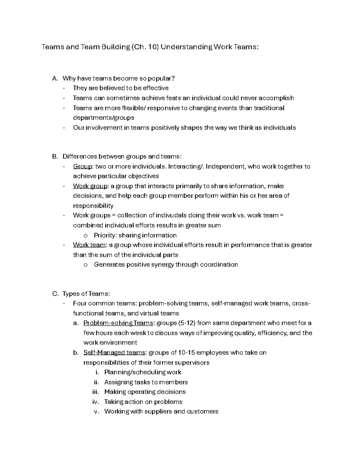 Org Behavior (Ch. 10) Teams and Team Building: Key Concepts and ...