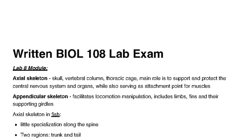 BIOL 108 Lab Exam: Axial and Appendicular Skeleton Overview - Studocu