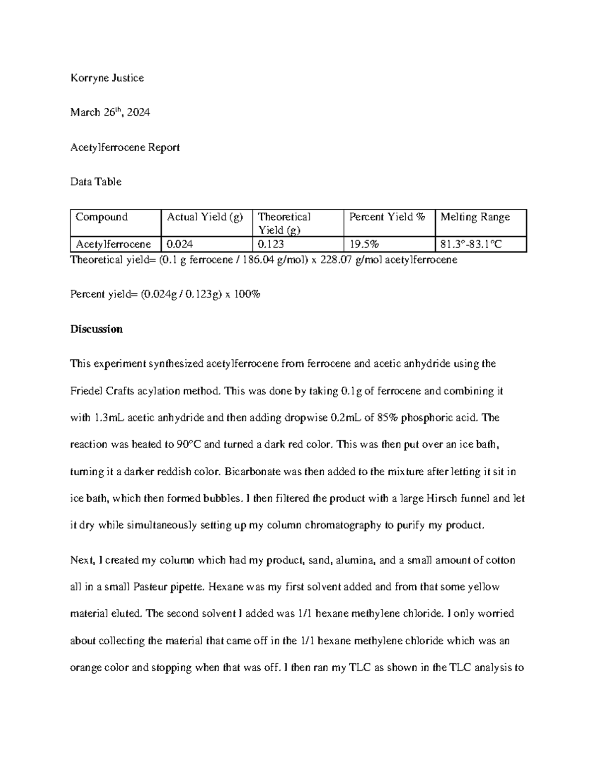 Acetylferrocene Synthesis Report: Yield Analysis and TLC Results - Studocu