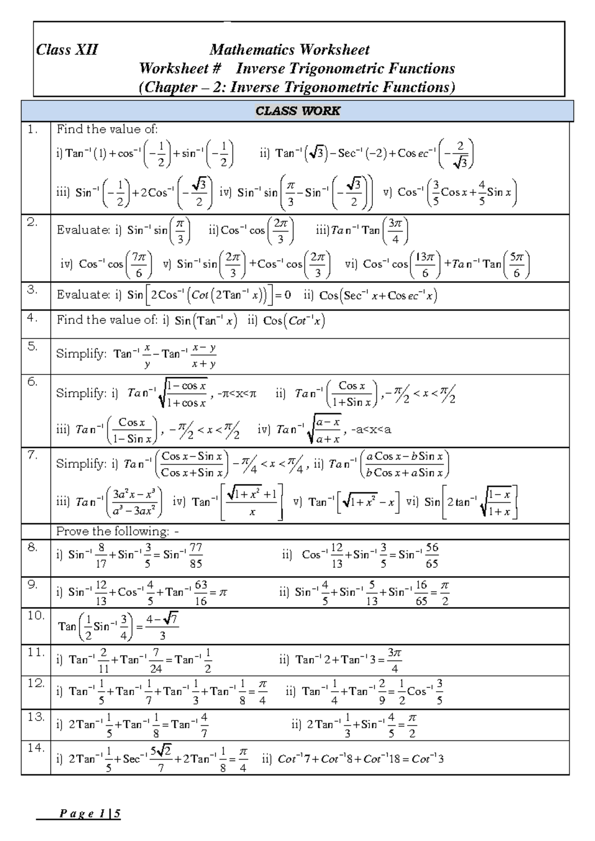 Inverse Trigonometric Functions Worksheet - Class XII (Worksheet #4 ...