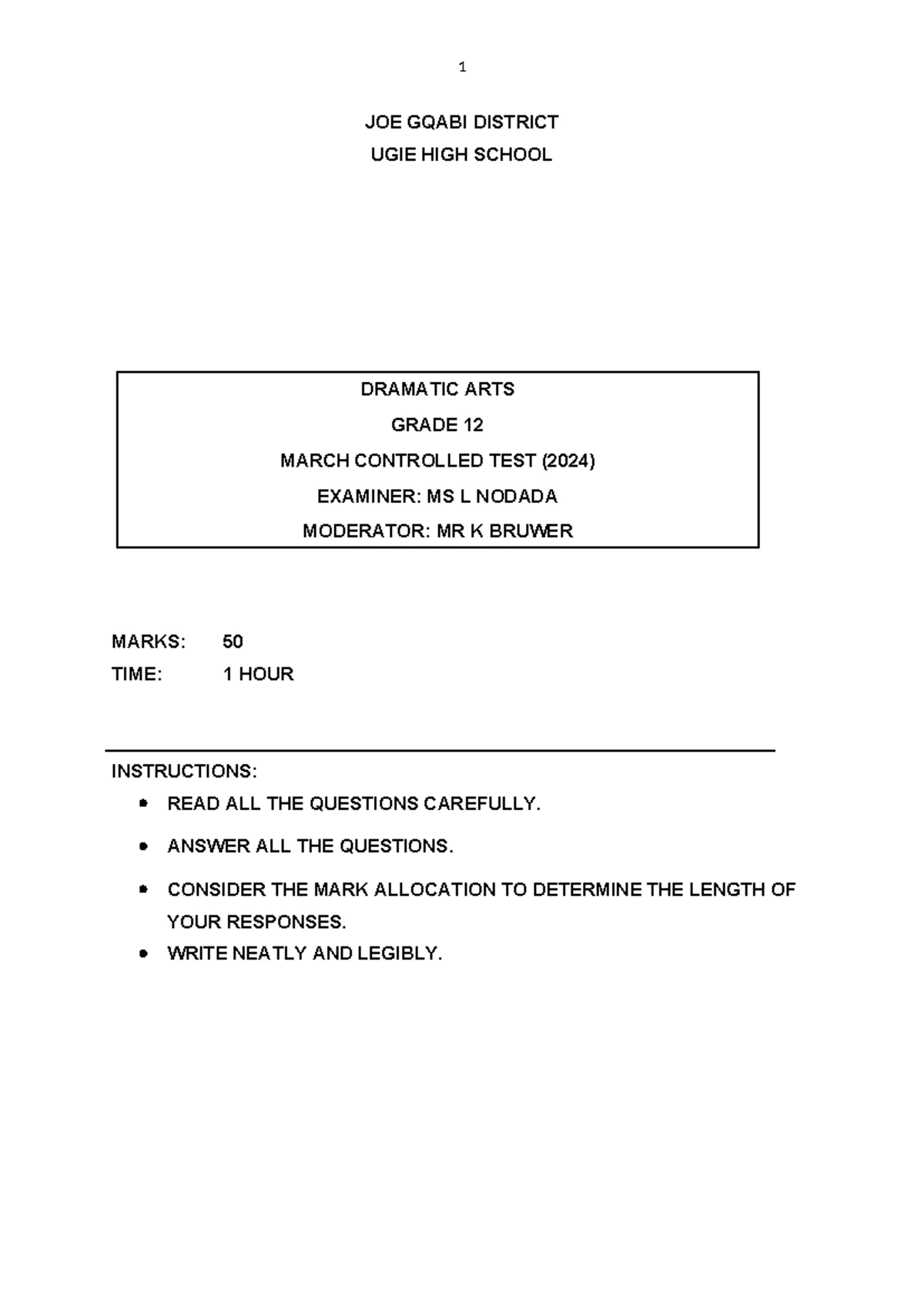 Grade 9 Creative Arts Drama Term 2 Common Assessment Task 2022 - Studocu