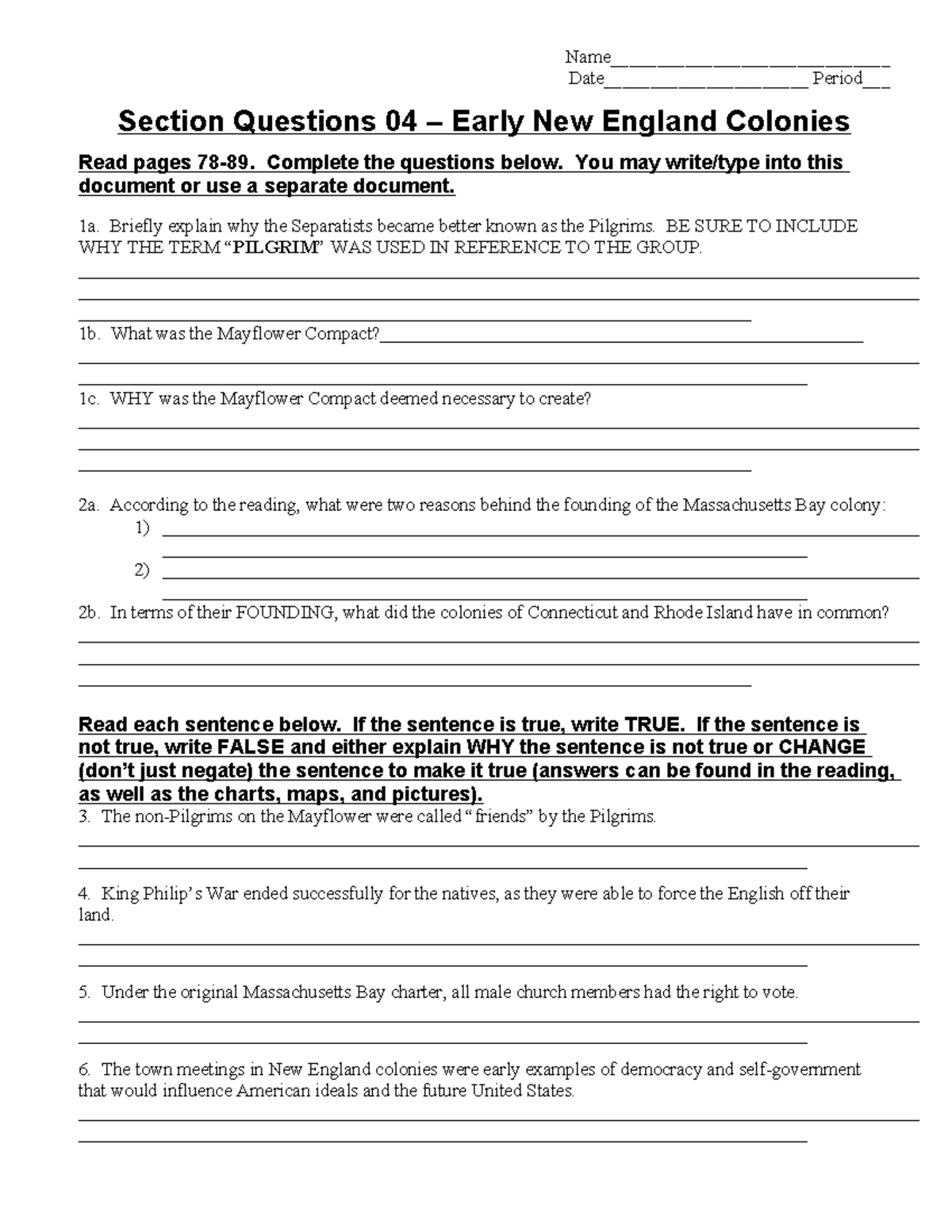 Hist 101: Early New England Colonies Questions and Notes - Studocu