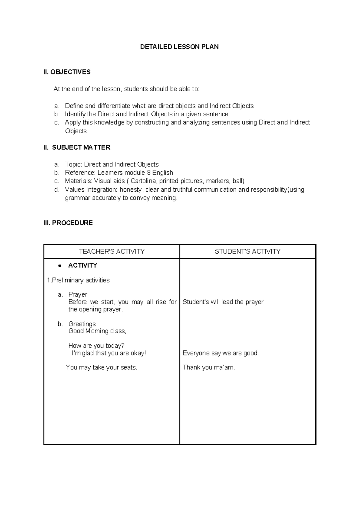 Detailed Lesson Plan on Direct and Indirect Objects (ENG 101) - Studocu