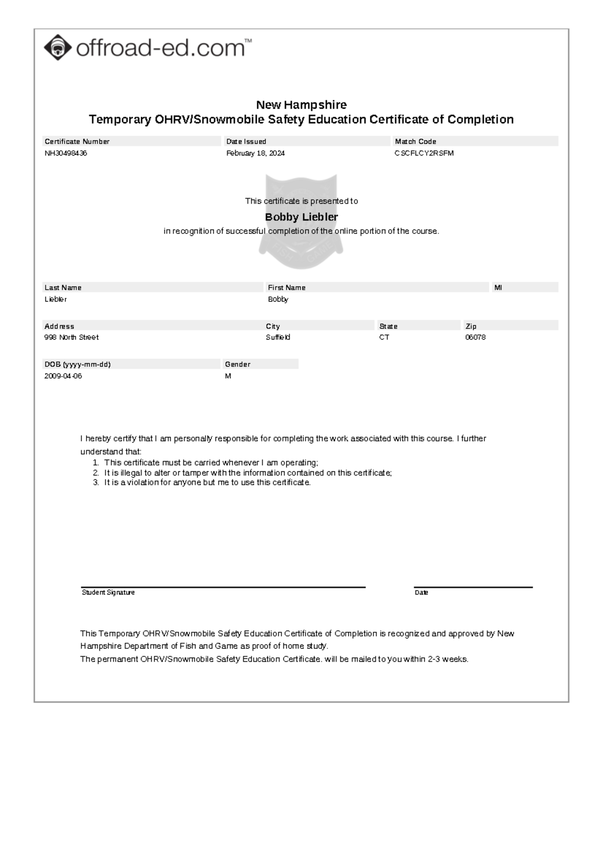 Certificate - sdas - New Hampshire Temporary OHRV/Snowmobile Safety ...