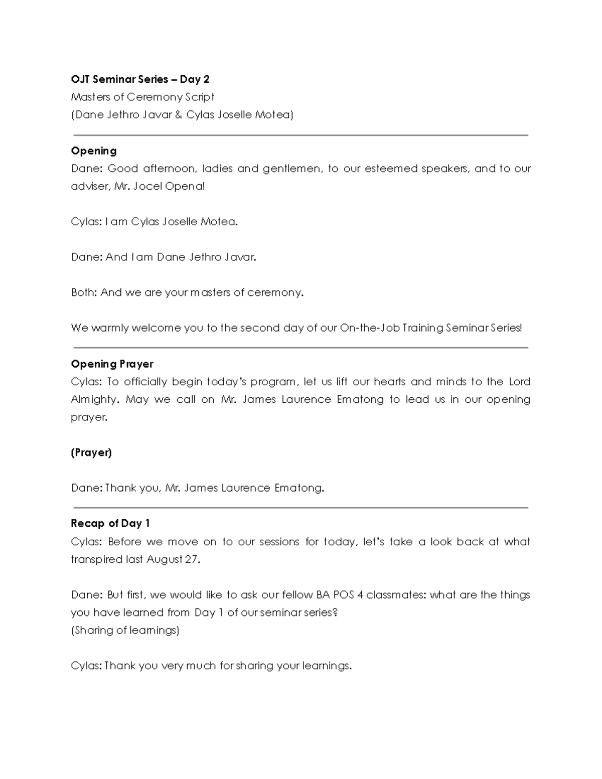 OJT Seminar Series Day 2: Masters of Ceremony Script - Studocu