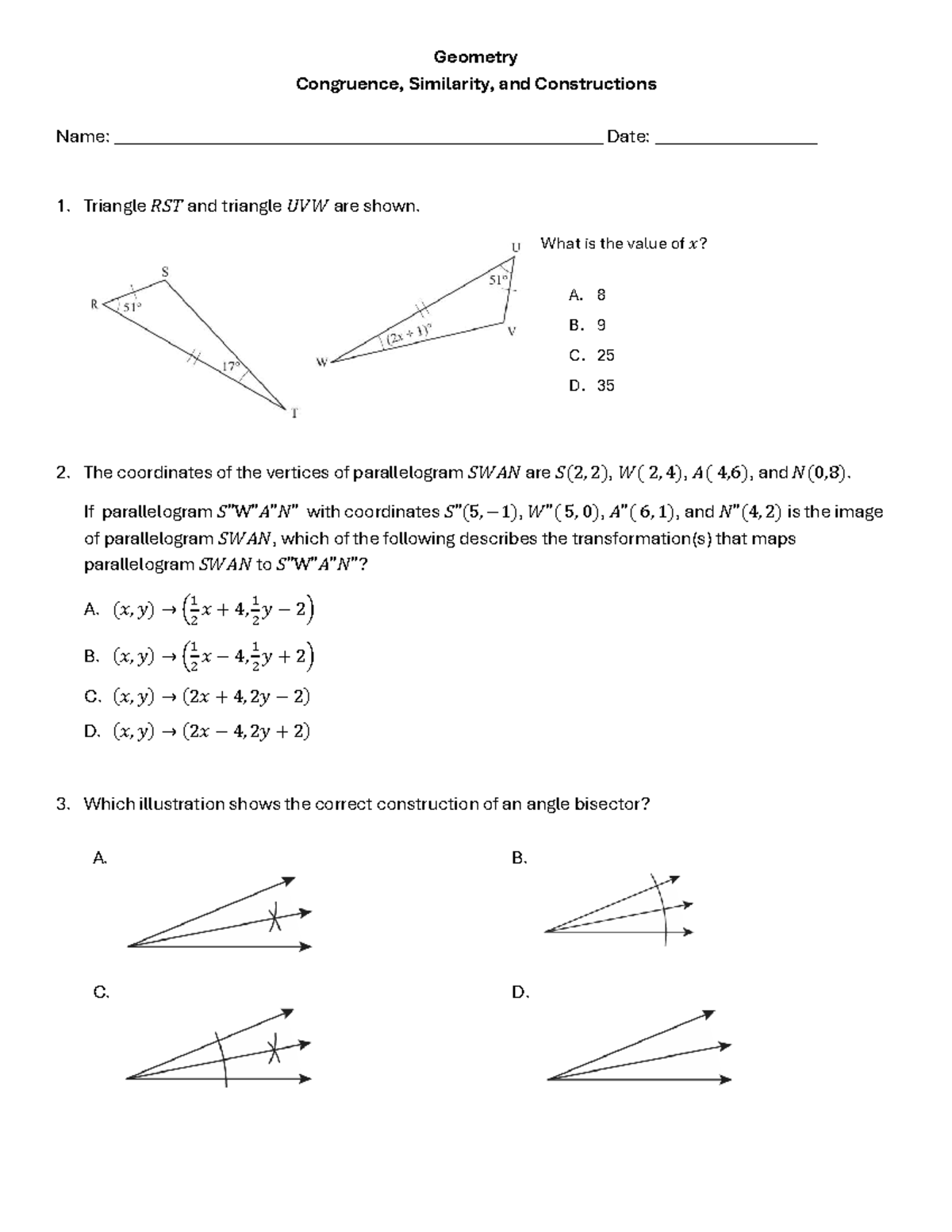 Geometry Congruence, Similarity, and Constructions Study Guide - Studocu