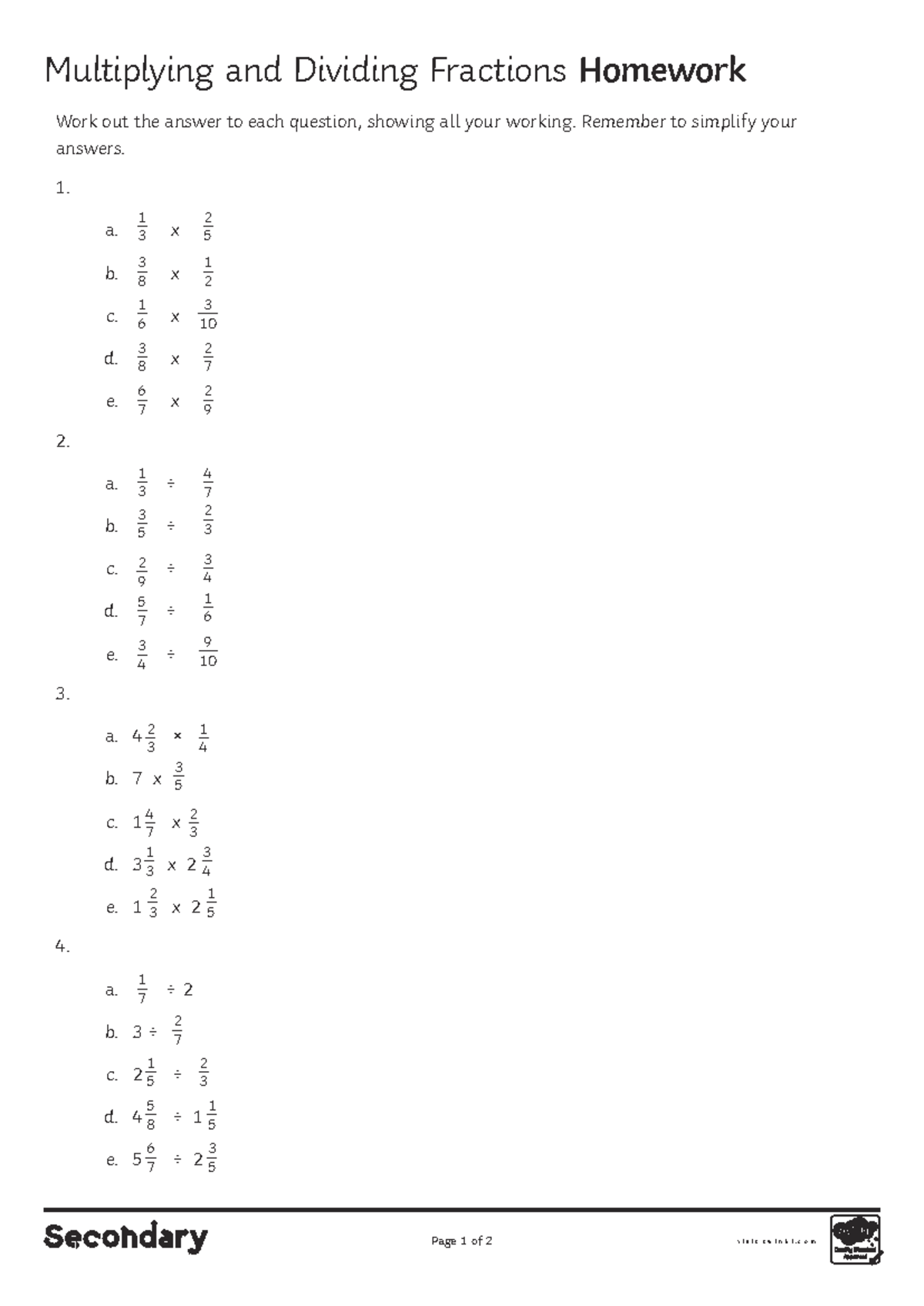 Multiplying and Dividing Fractions - Homework Assignment - Studocu