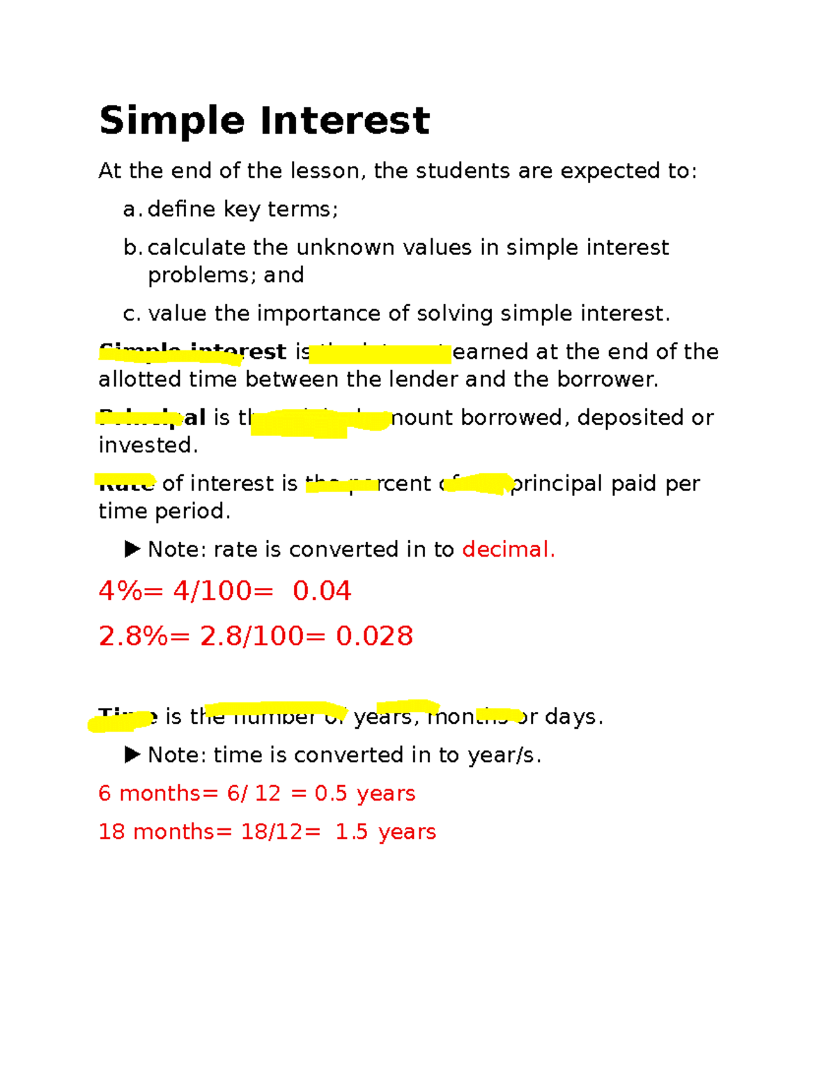 Simple Interest Lesson: Key Concepts and Calculations - Studocu