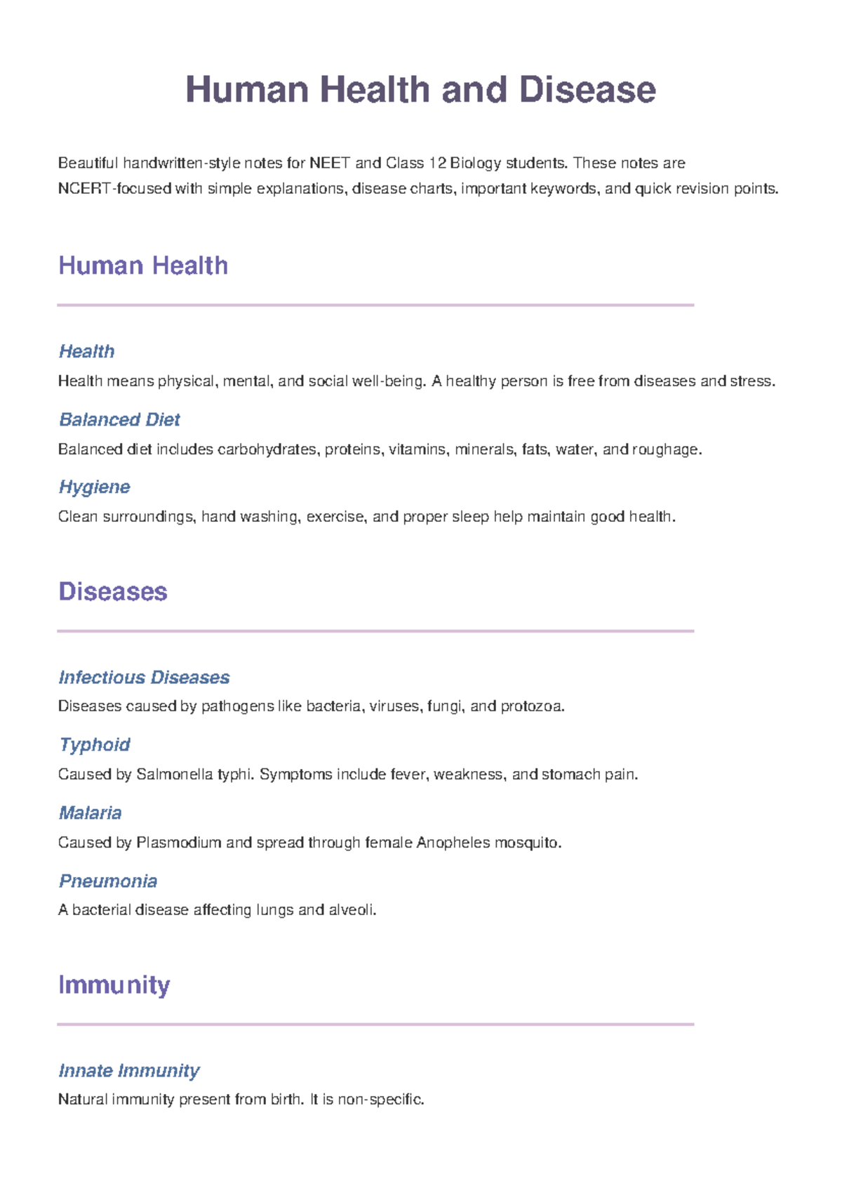 Human Health and Disease Notes for NEET & Class 12 Biology - Studocu