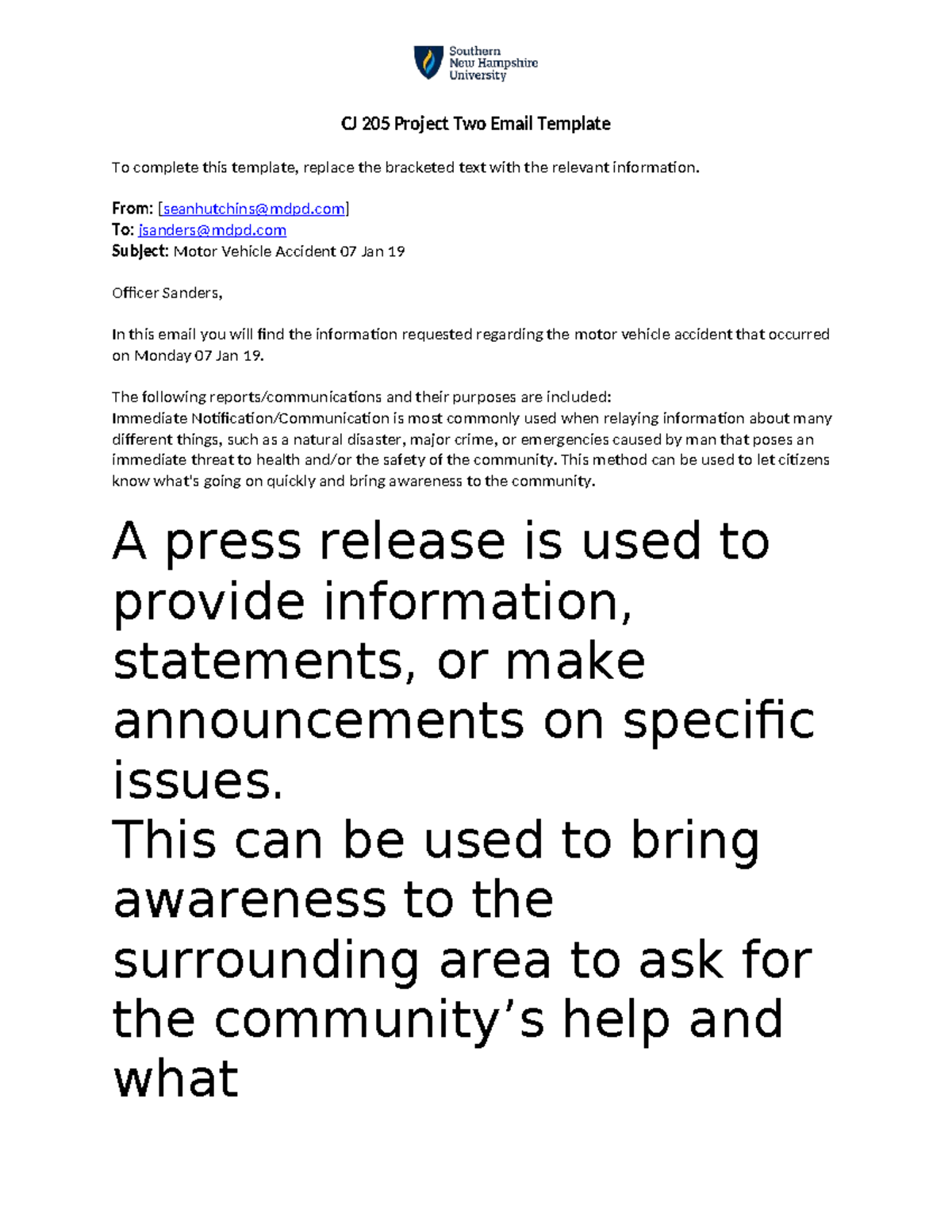 CJ 205 Project Two: Motor Vehicle Accident Email Template - Studocu
