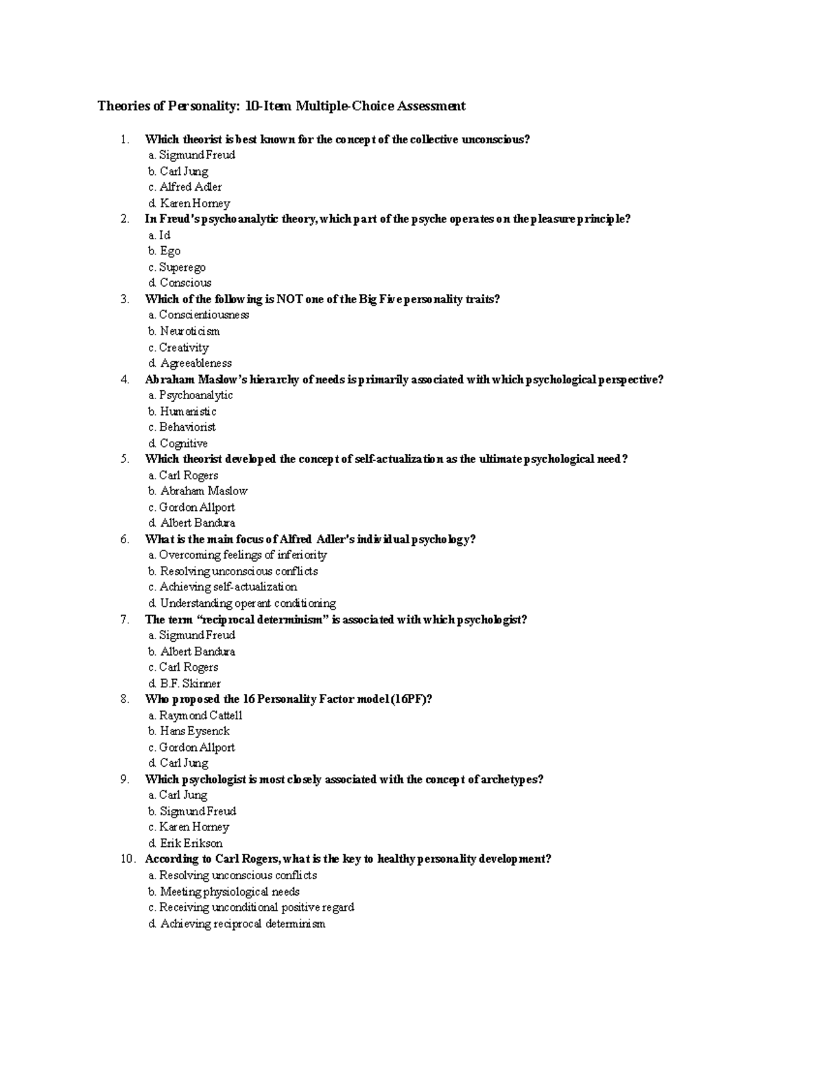 Theories of Personality 10-Item Multiple-Choice Assessment - Which ...