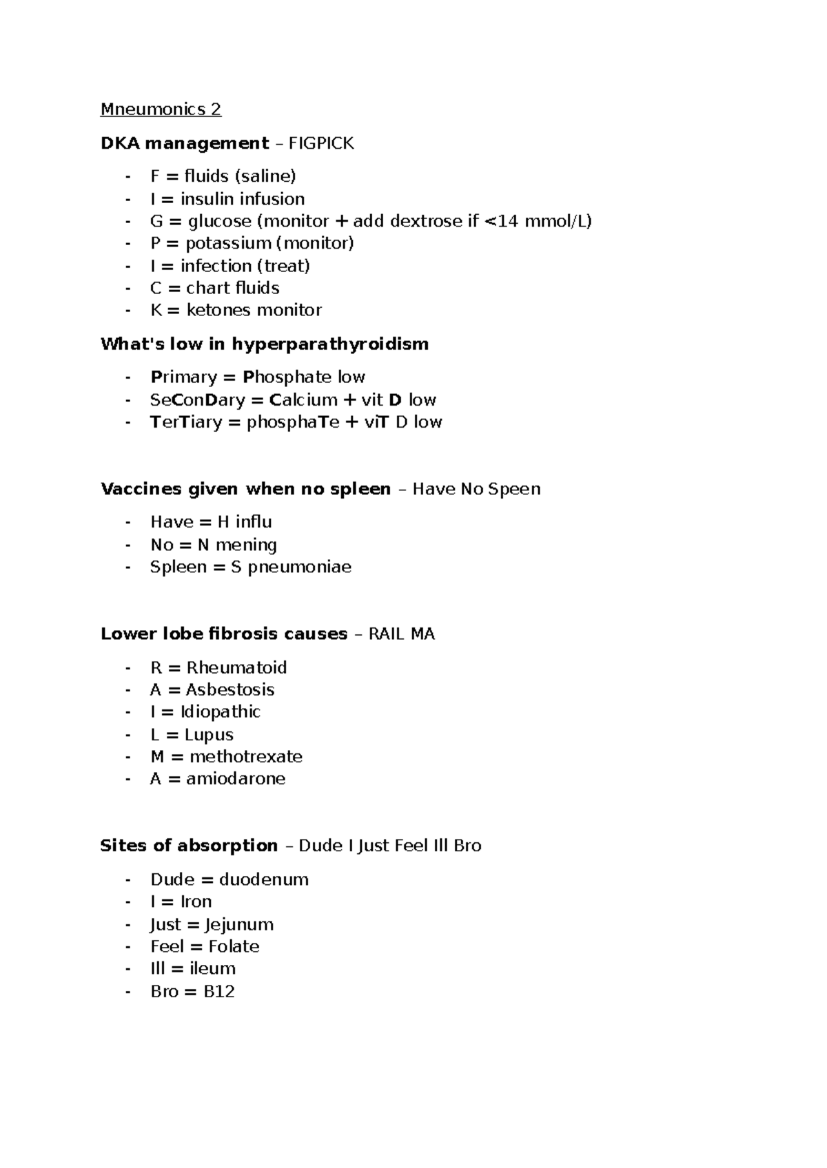 Mneumonics 2: DKA Management & Absorption Sites Overview - Studocu
