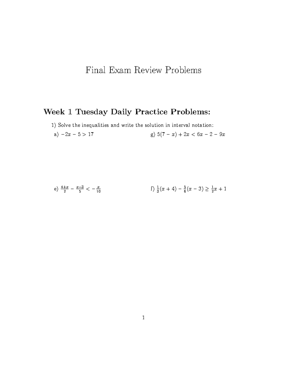 Final Exam Review Problems for Math Course - Week 1 Practice - Final ...