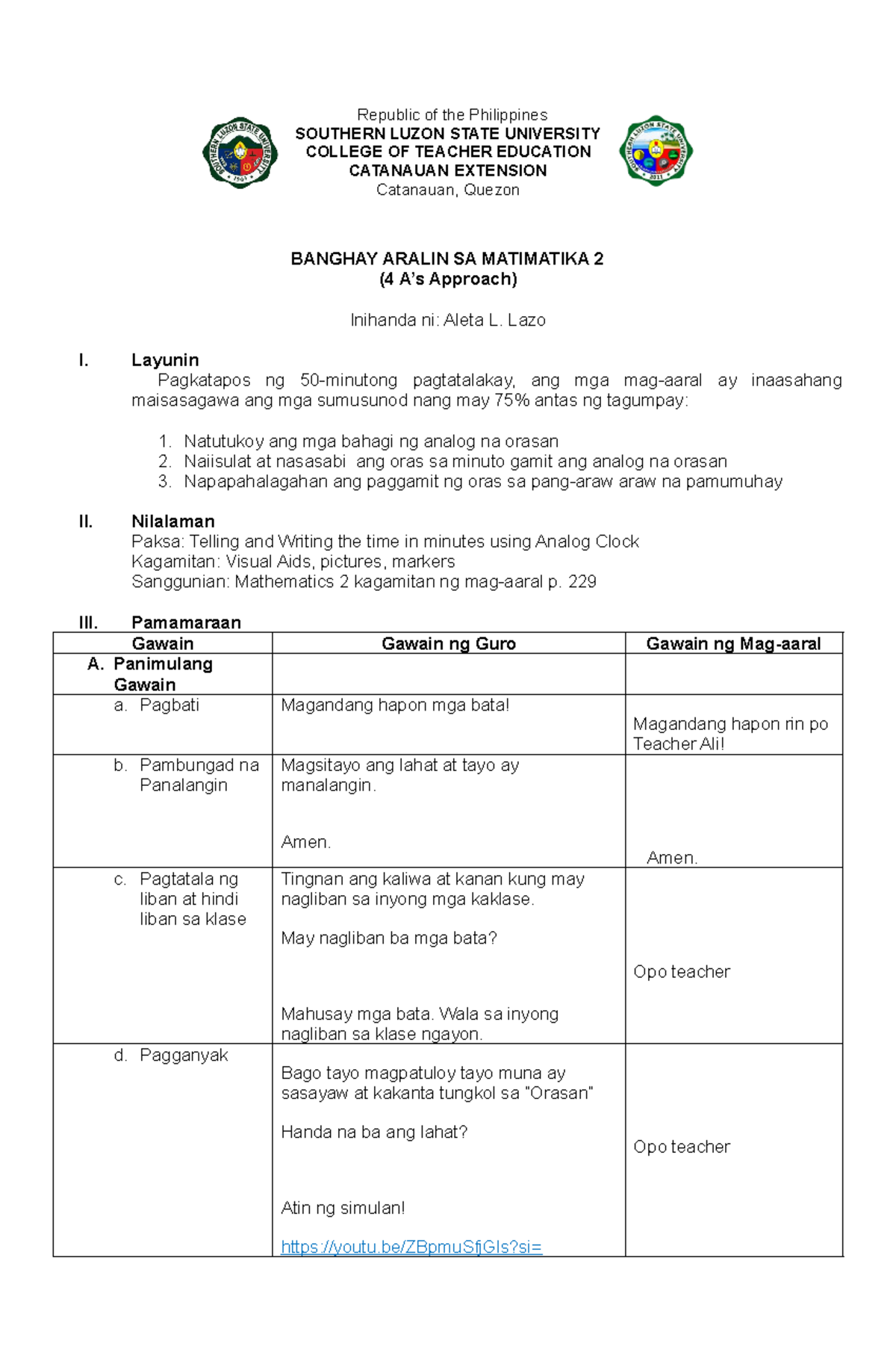 Math 2 - Lesson Plan: Telling Time with Analog Clocks - Studocu
