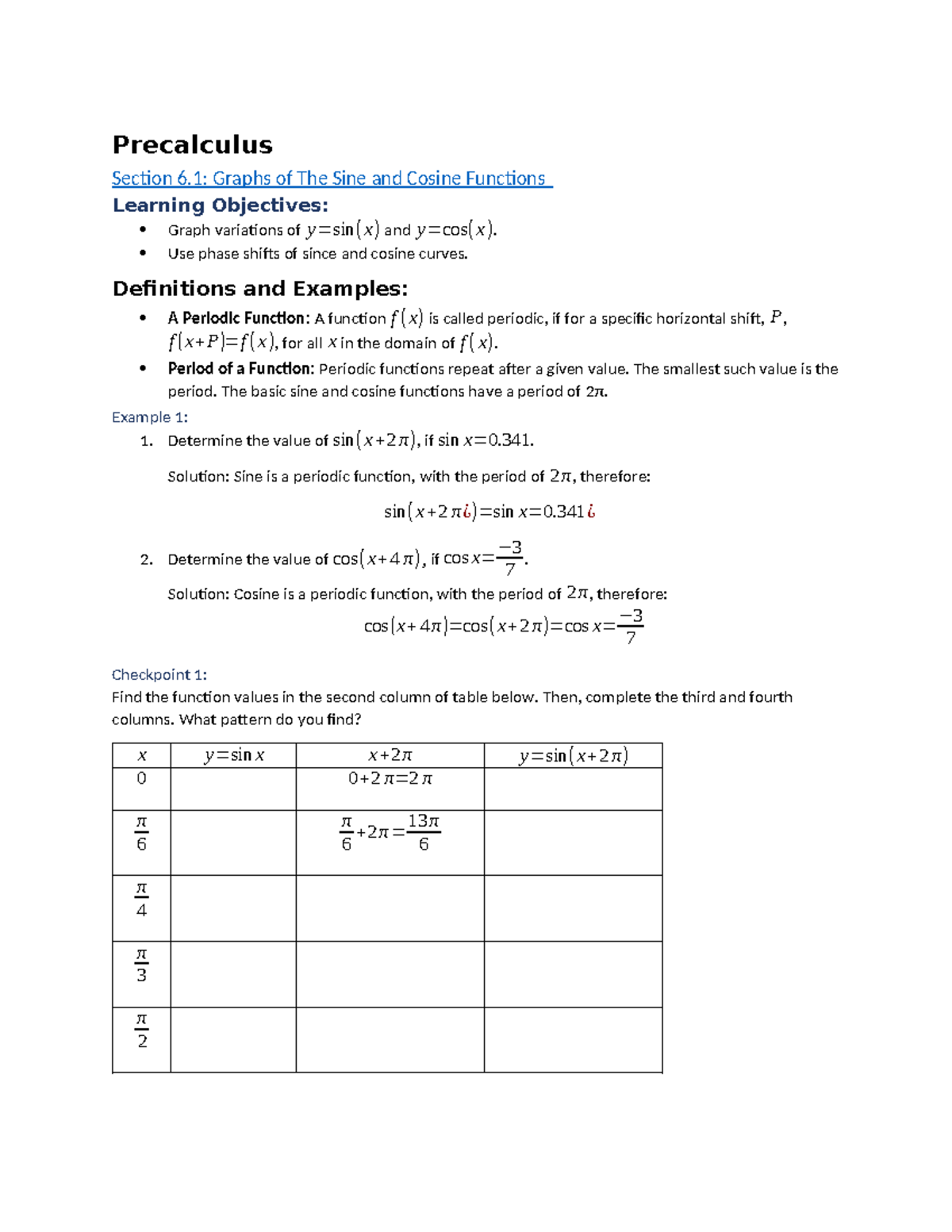 Precalculus (MATH101) Final Exam: Graphs of Sine & Cosine Functions ...