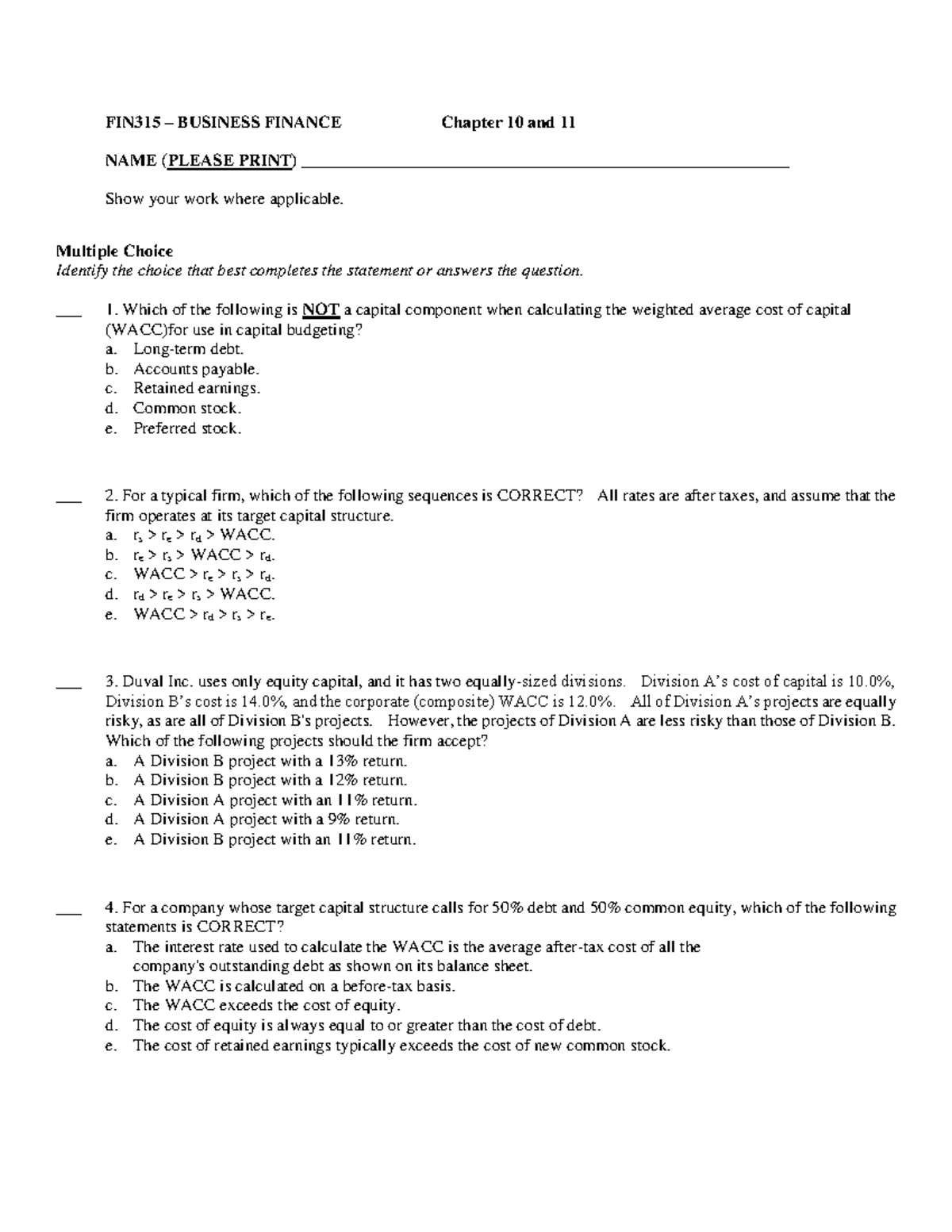 Pdfcoffee Chapter 10 - Chapter 11 - FIN315 – BUSINESS FINANCE Chapter ...