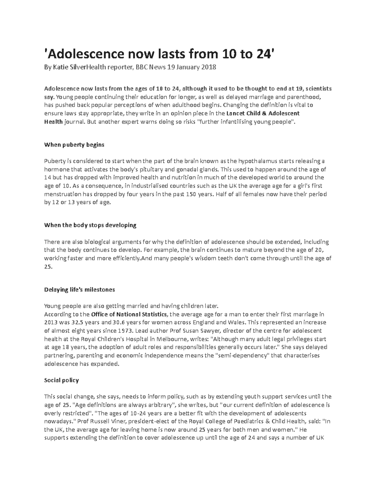 Copy of Adolescence Article - 'Adolescence now lasts from 10 to 24' By ...