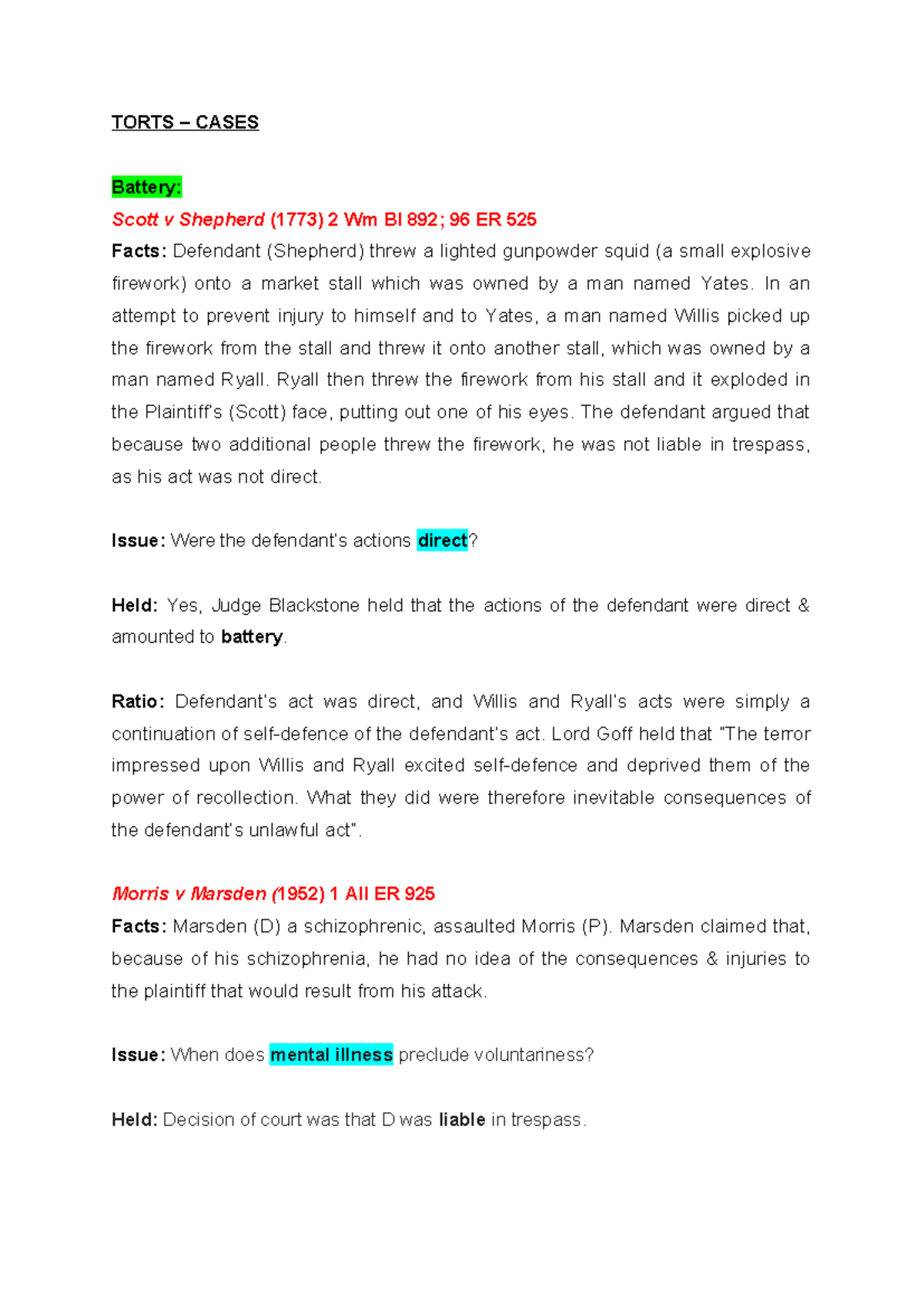 Torts - Cases - TORTS – CASES Battery: Scott v Shepherd (1773) 2 Wm Bl ...