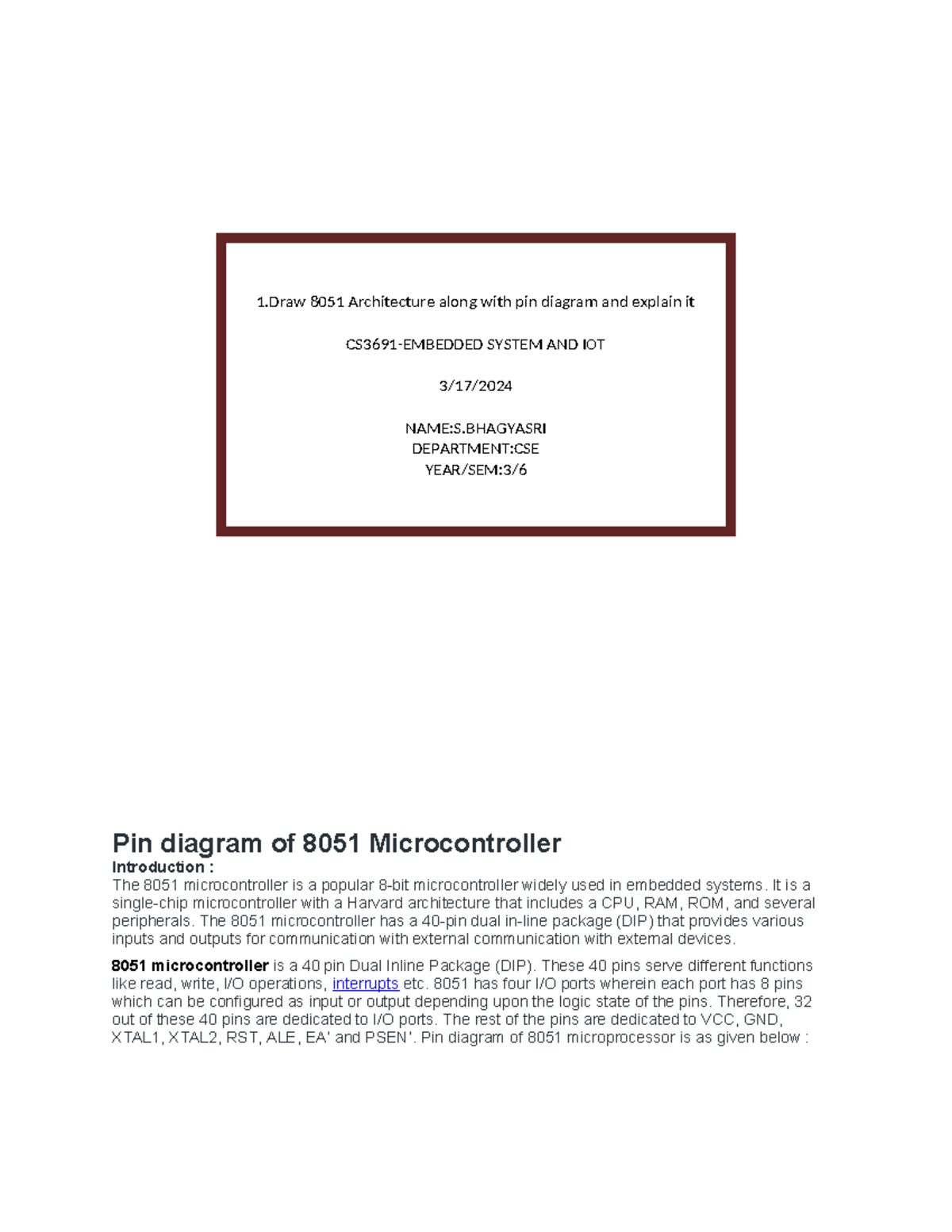Pin diagram of 8051 Microcontroller - 1 8051 Architecture along with ...