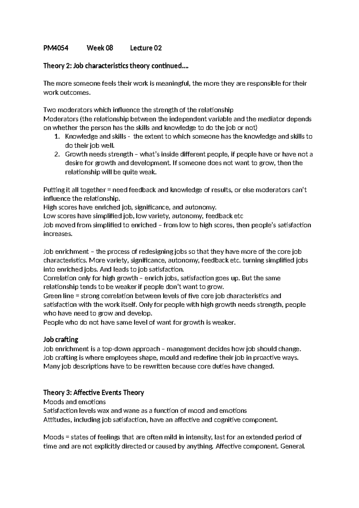 PM4054 Week 08 Lecture 02: Job Characteristics & Affective Events ...