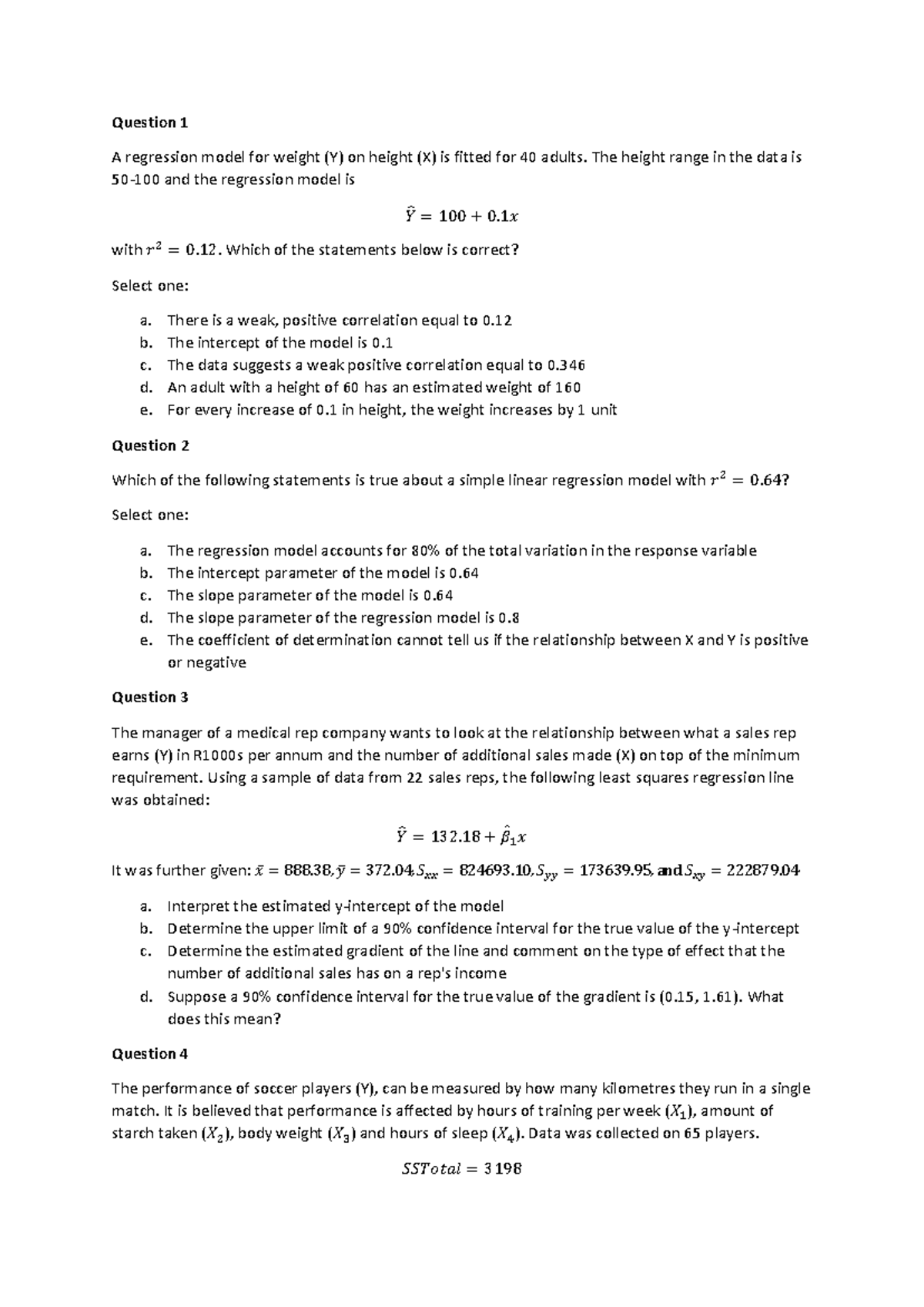 Revision Questions for Stat 101 Test 2 on Regression Concepts - Studocu