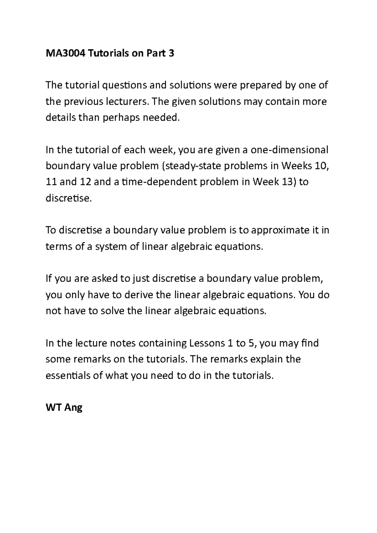 MA3004 Part 3: Tutorials on Discretizing Boundary Value Problems - Studocu